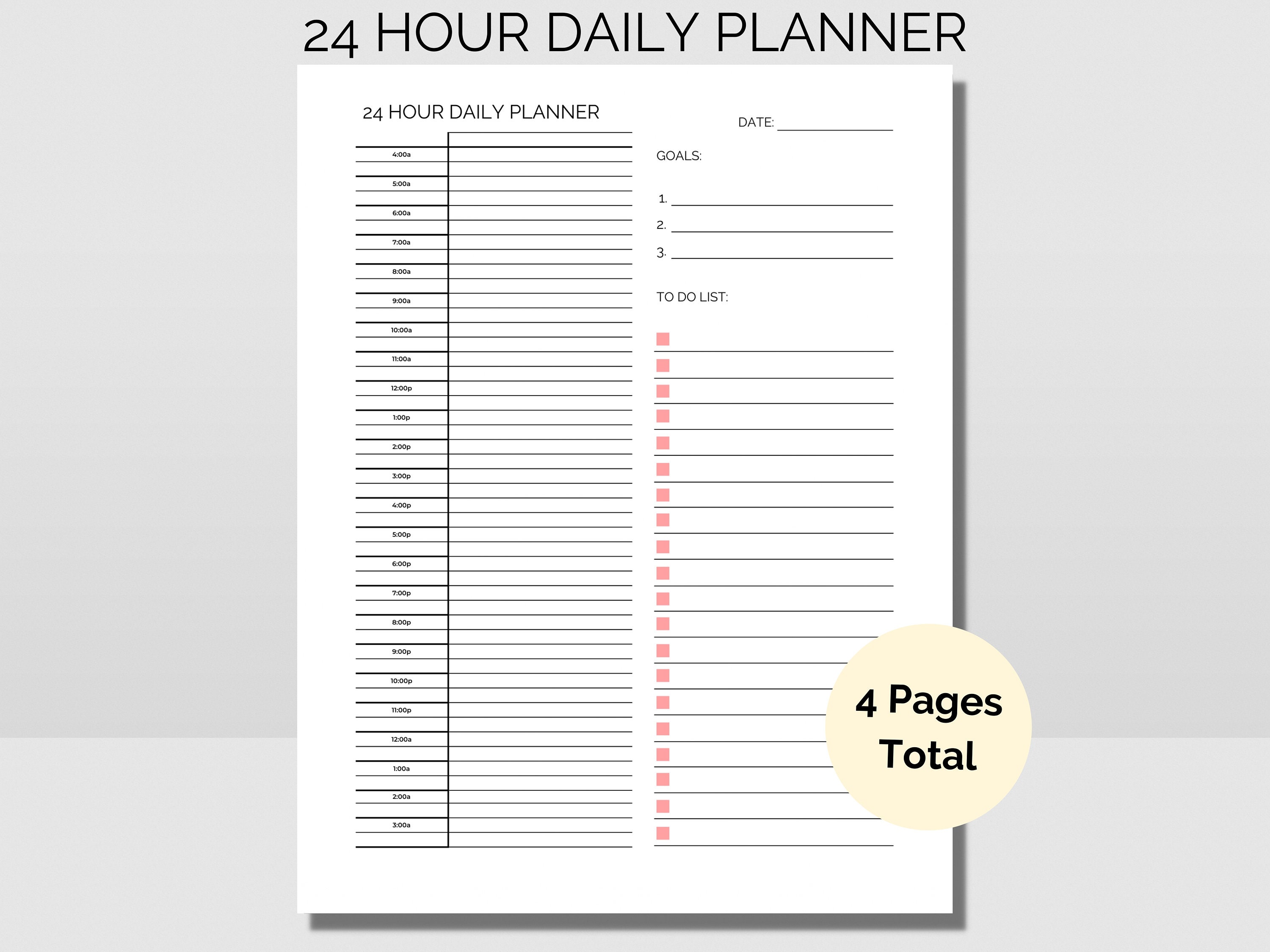 24 Hour Daily Planner Printable. Use as a Daily Schedule. Great as a ...