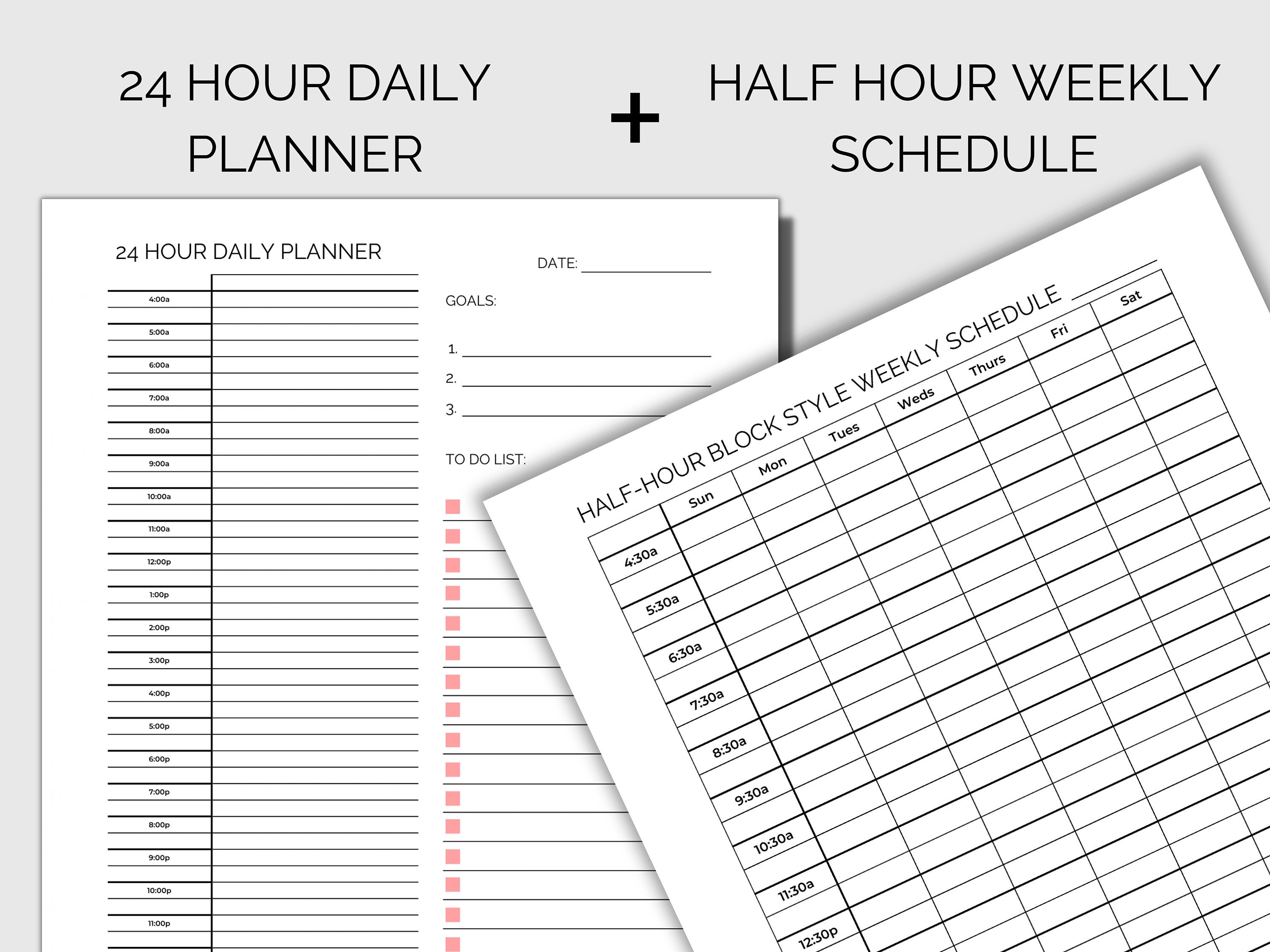 24 Hour Daily Planner Printable With to Do List. Half Hour Weekly ...