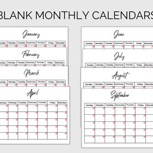 Monthly Blank Calendar Printable. Full Year Calendar 12 Horizontal ...