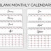 Monthly Blank Calendar Printable. Full Year Calendar 12 Horizontal ...