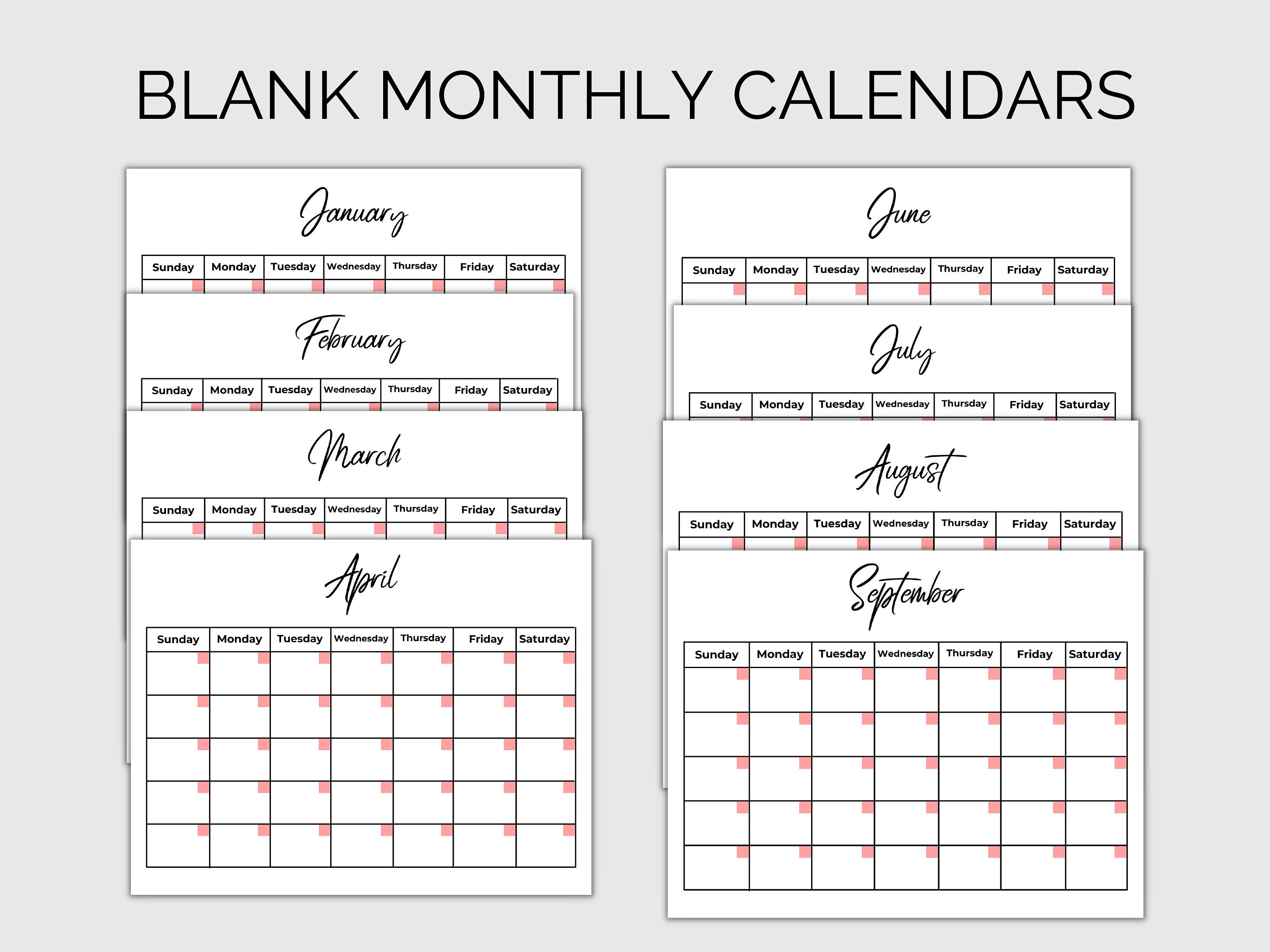 Monthly Blank Calendar Printable. Full Year Calendar 12 Horizontal ...