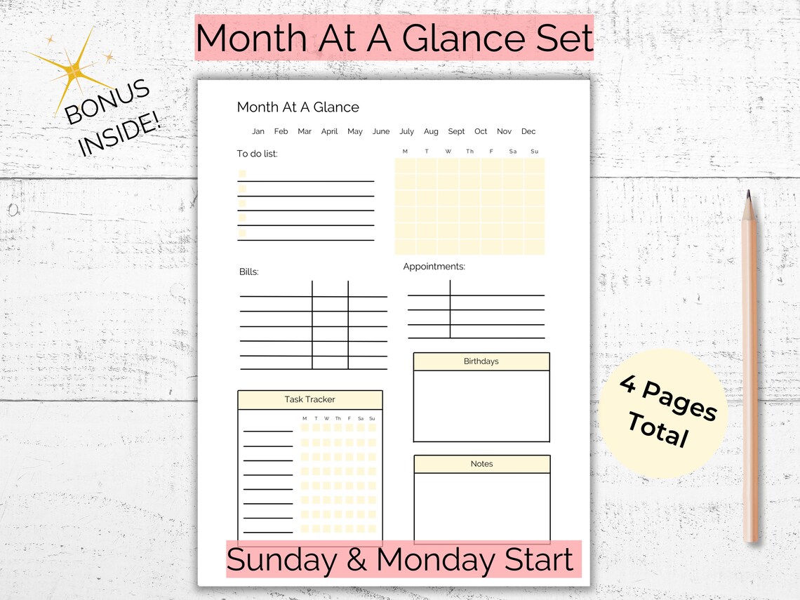 Month at a Glance Planner Printable. Undated. PDF Includes a | Etsy