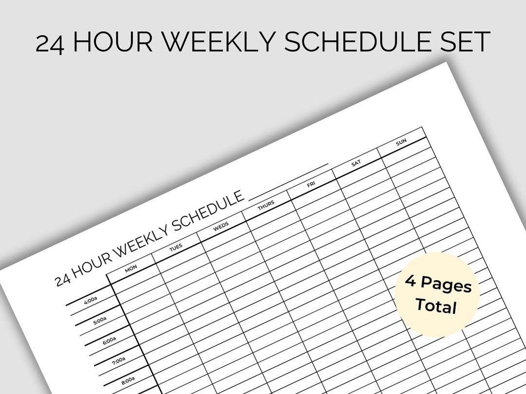 24 Hour Weekly Schedule- Printable Planner. Plot Out a Weekly Agenda ...