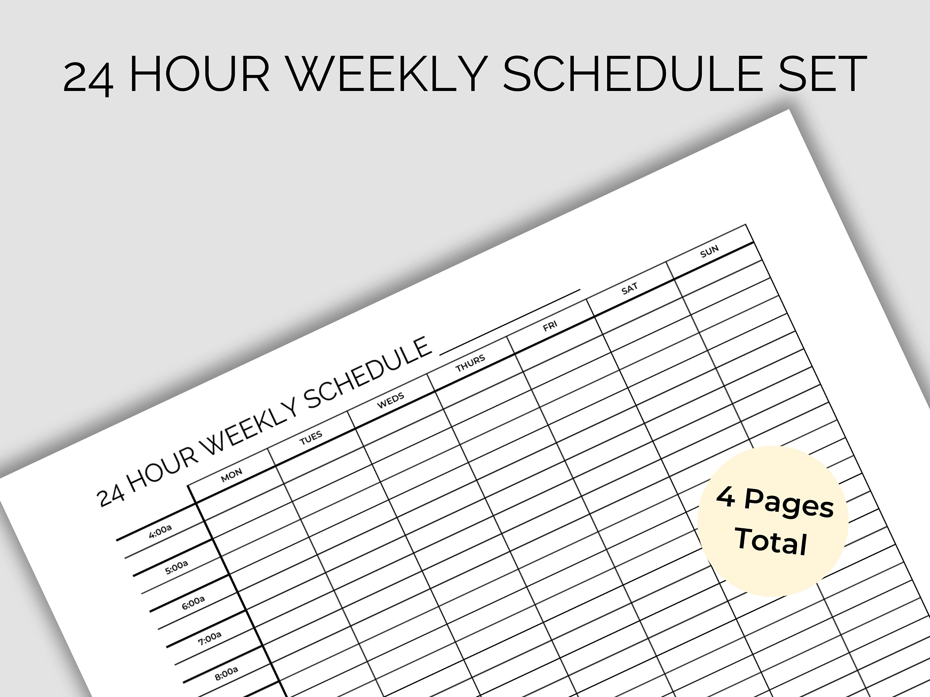 24 Hour Weekly Schedule- Printable Planner. Plot Out a Weekly Agenda ...