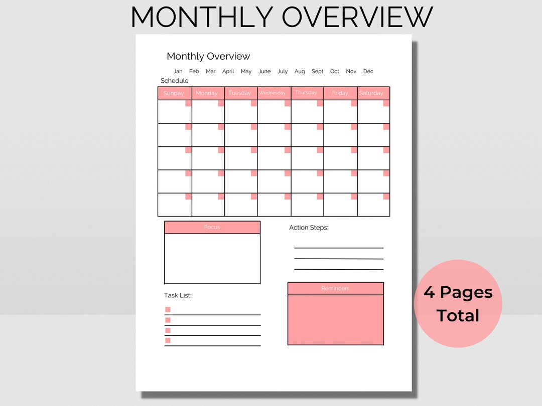 Monthly Overview Planner Printable. Month on One Page PDF. Has a Blank ...