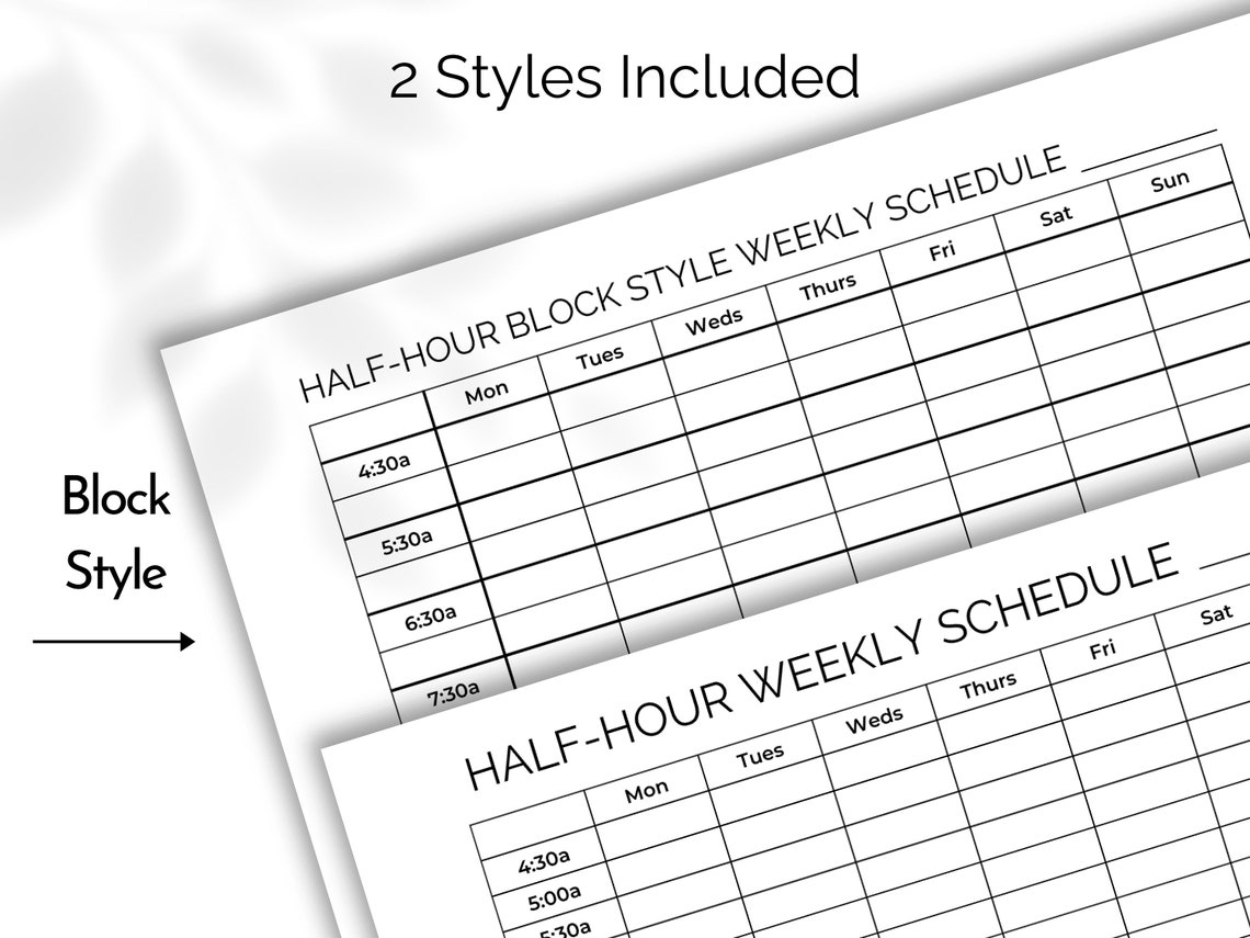 Half Hour Weekly Planner. Block Style Schedule Included. Plot Out Your ...