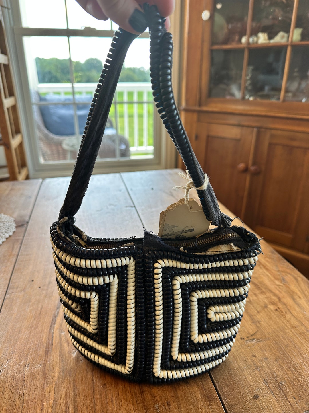 Antique Telephone Cord Purse, Handbag, Black and White, Zipper, 1940s ...