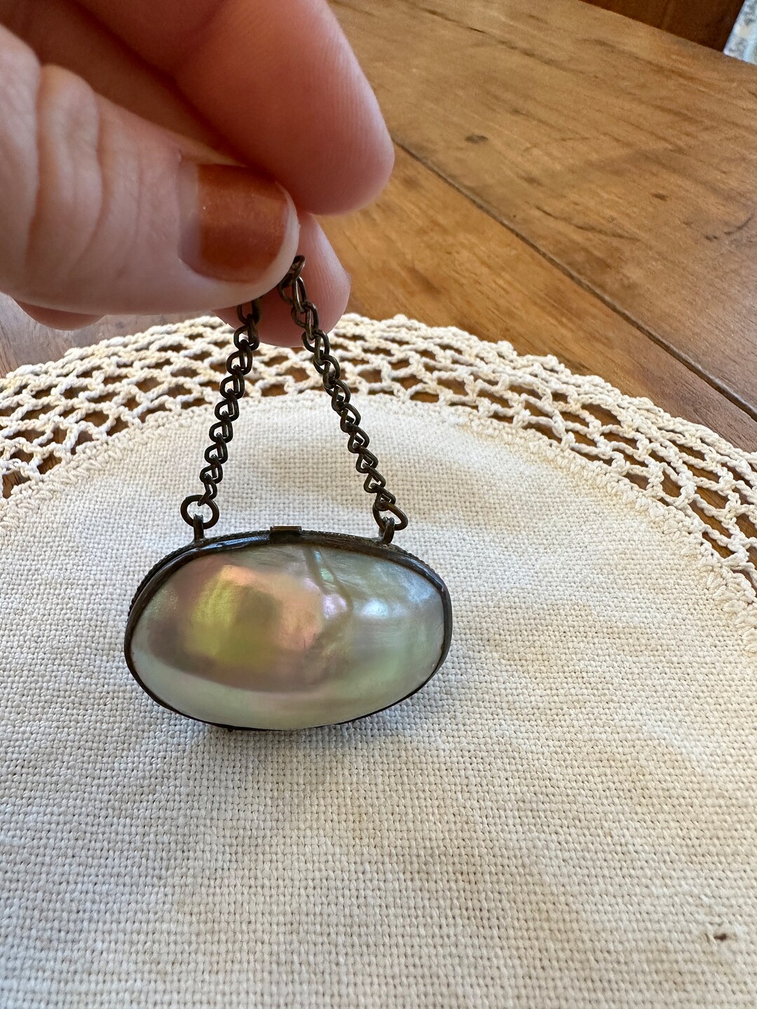 Antique Mother of Pearl Thimble Case, Sewing, Brass, Egg Shape, Hanging ...