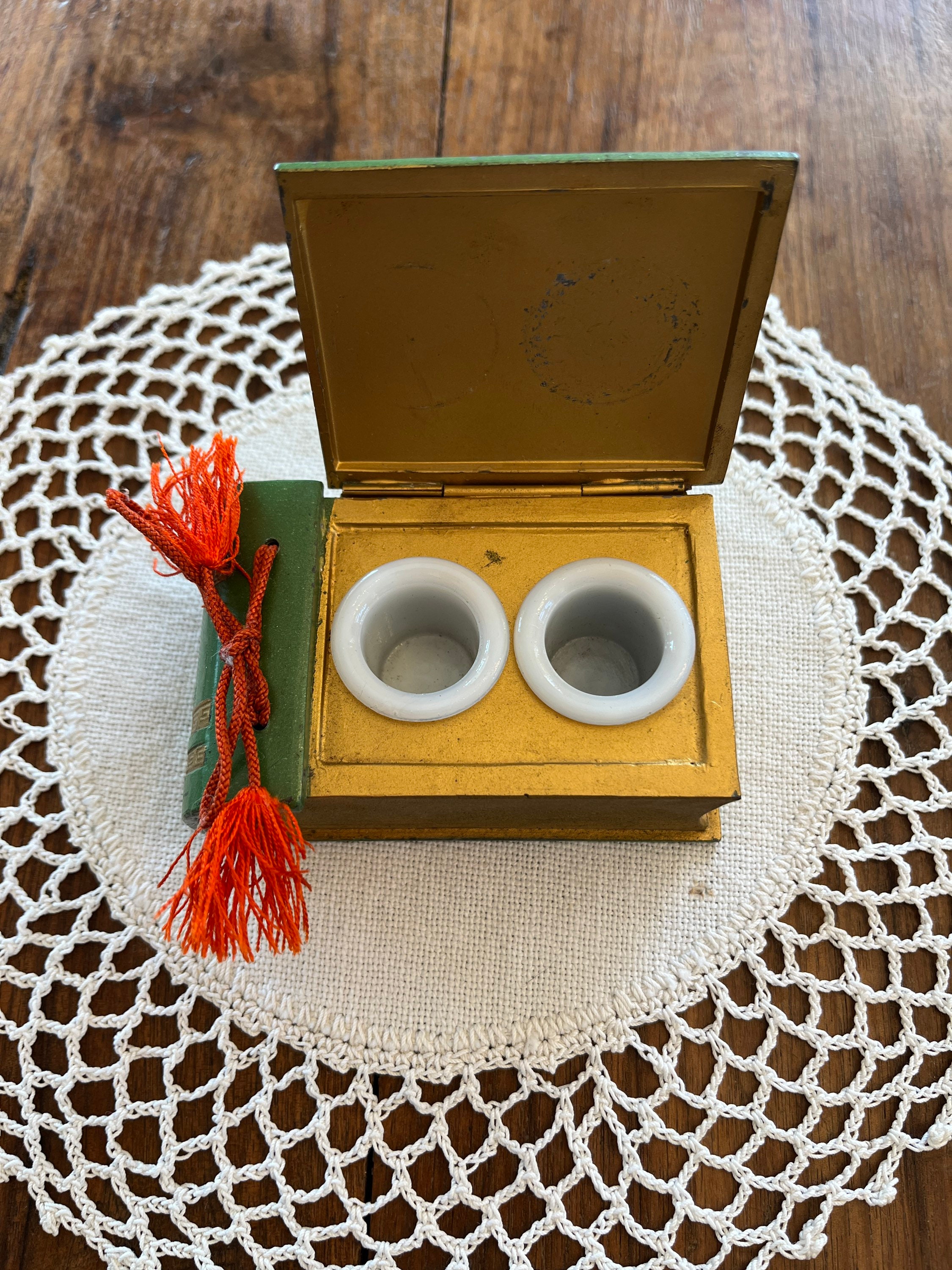 Antique Metal Album Ink Stand, Shaped Like Album, Desktop, Two Inkwells ...