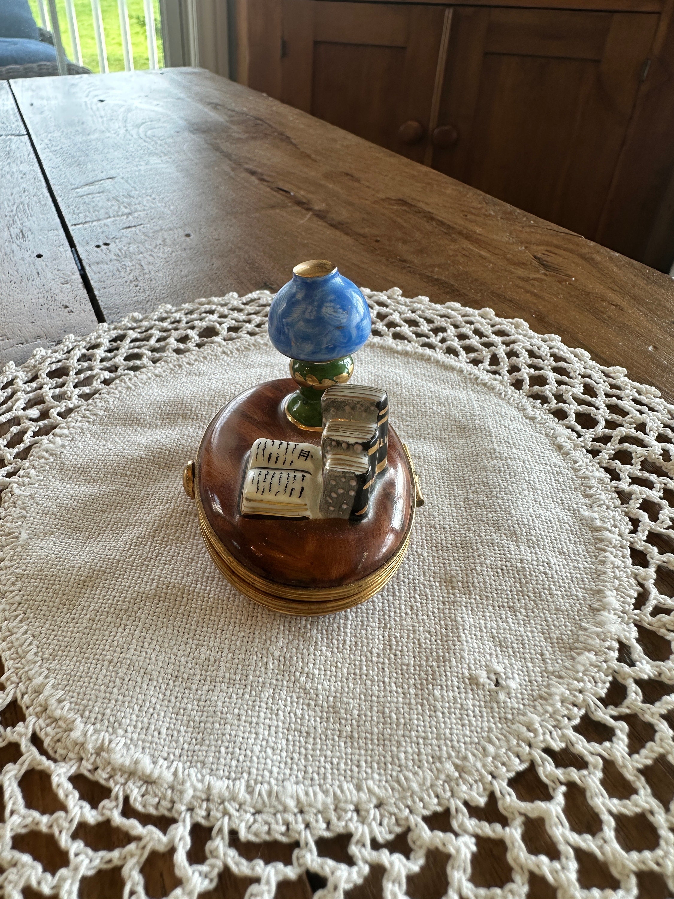 Vintage Office Desk Limoges, Globe Lamp and Books, Hand Painted ...
