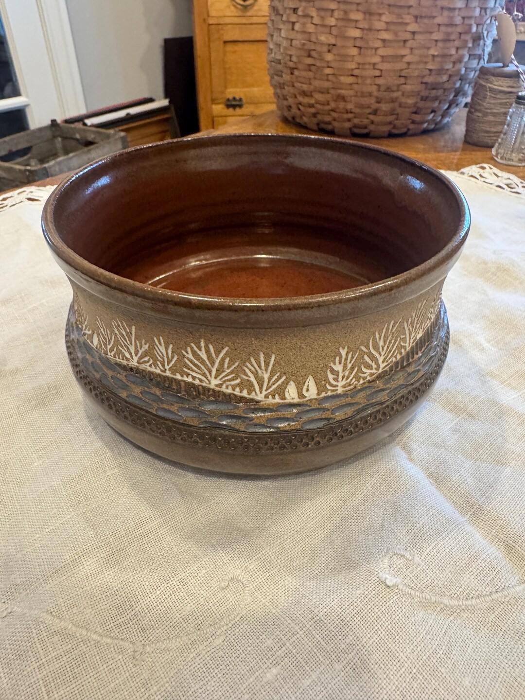 Vintage Handmade Lederer Pottery Bowl, Ron Lederer, Carved, Forest ...