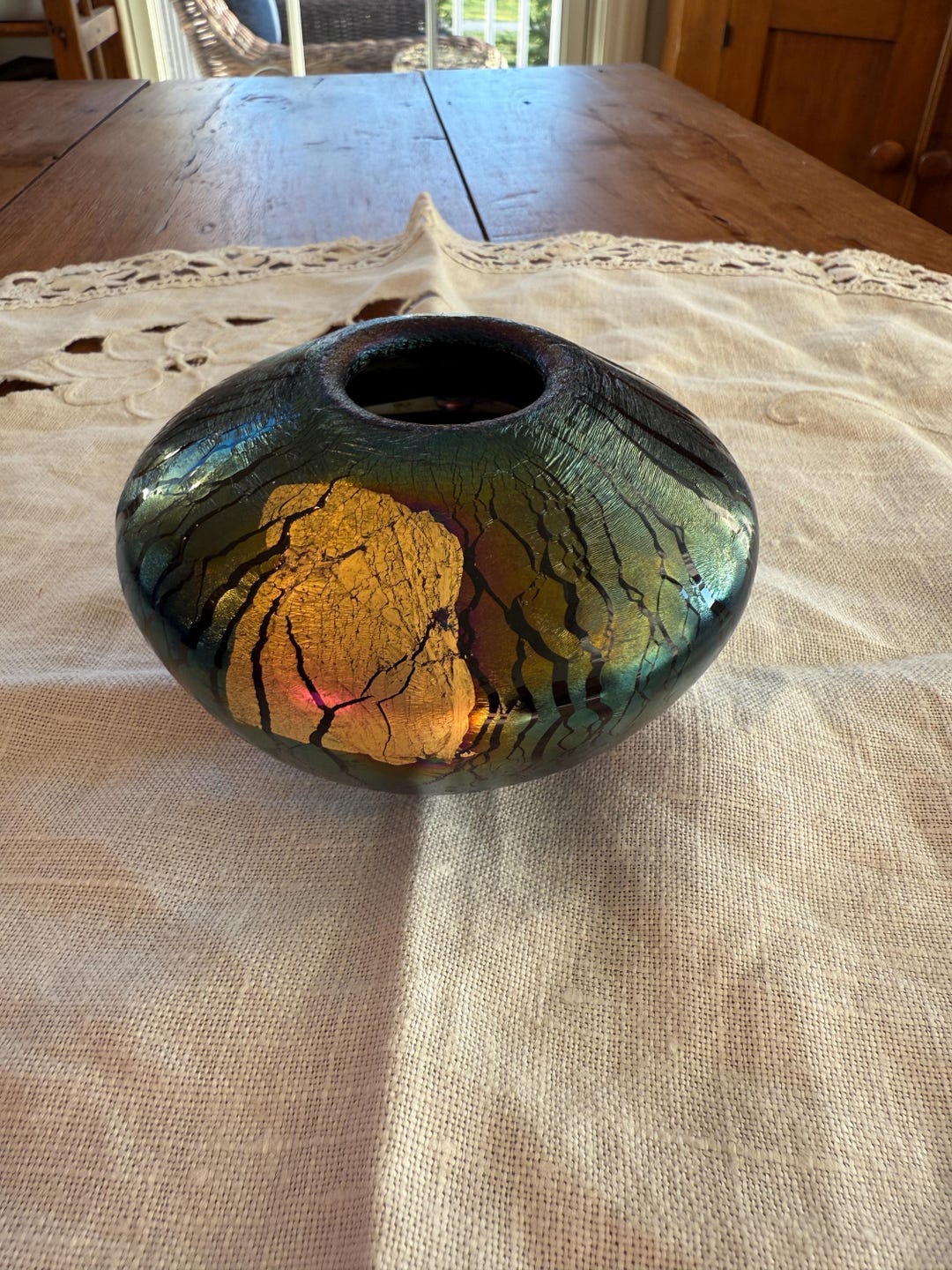 Vintage Eickholt Teal Aurene Art Glass Vase, Teal Iridescent, Artist ...