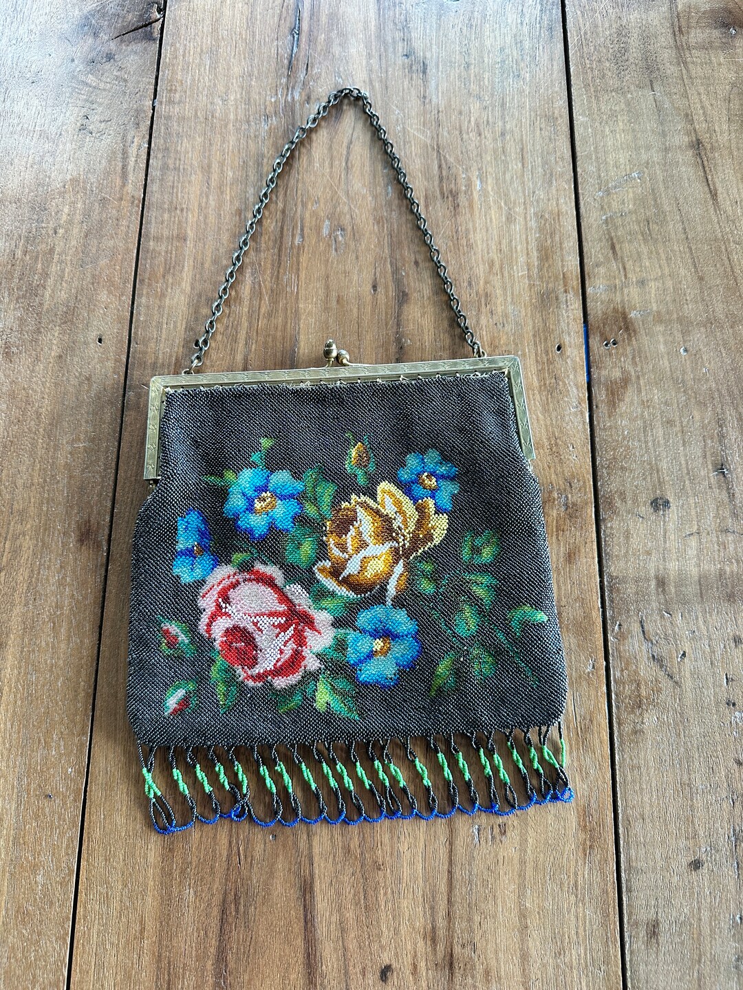 Antique Beaded Purse, Floral Design, Black, Metal Closure and Strap ...