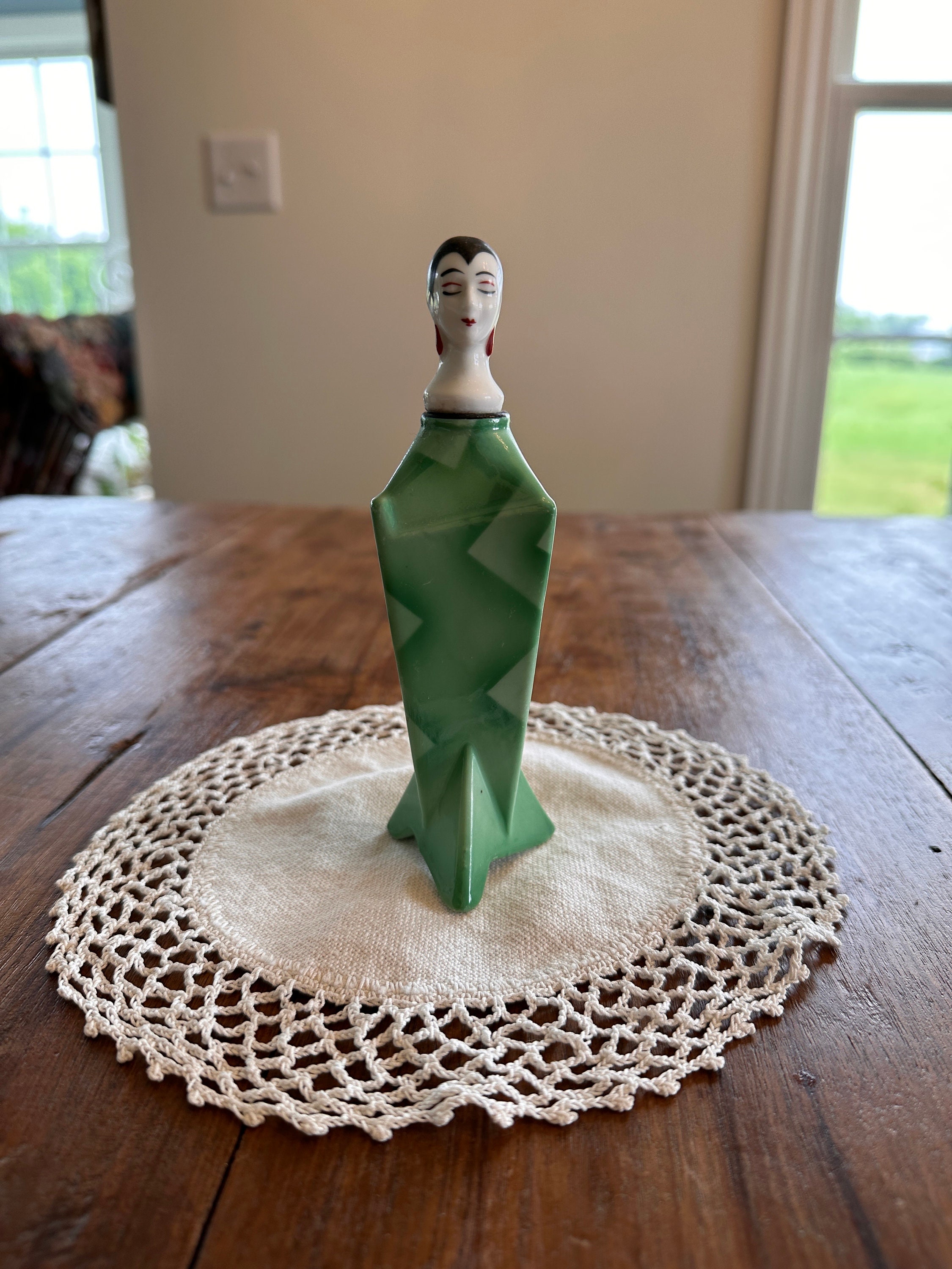 Antique German Porcelain Perfume Bottle, Womans Face With Green ...