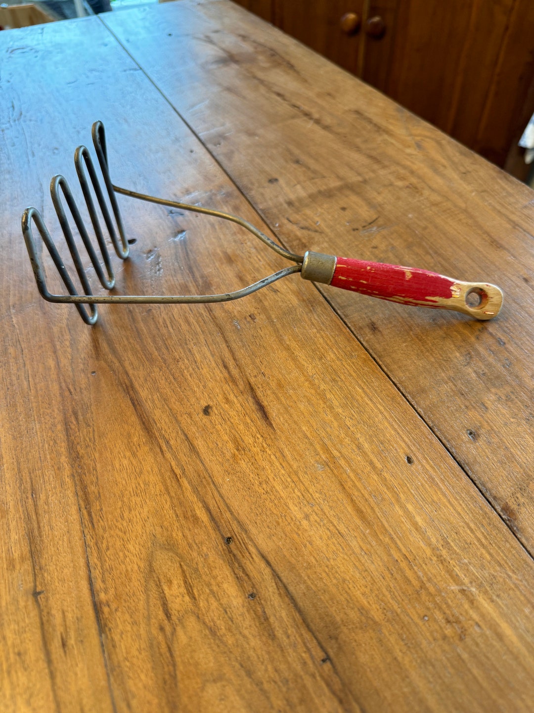 Vintage Red Handle Potato Masher, Red Wooden Handle, Metal Masher ...
