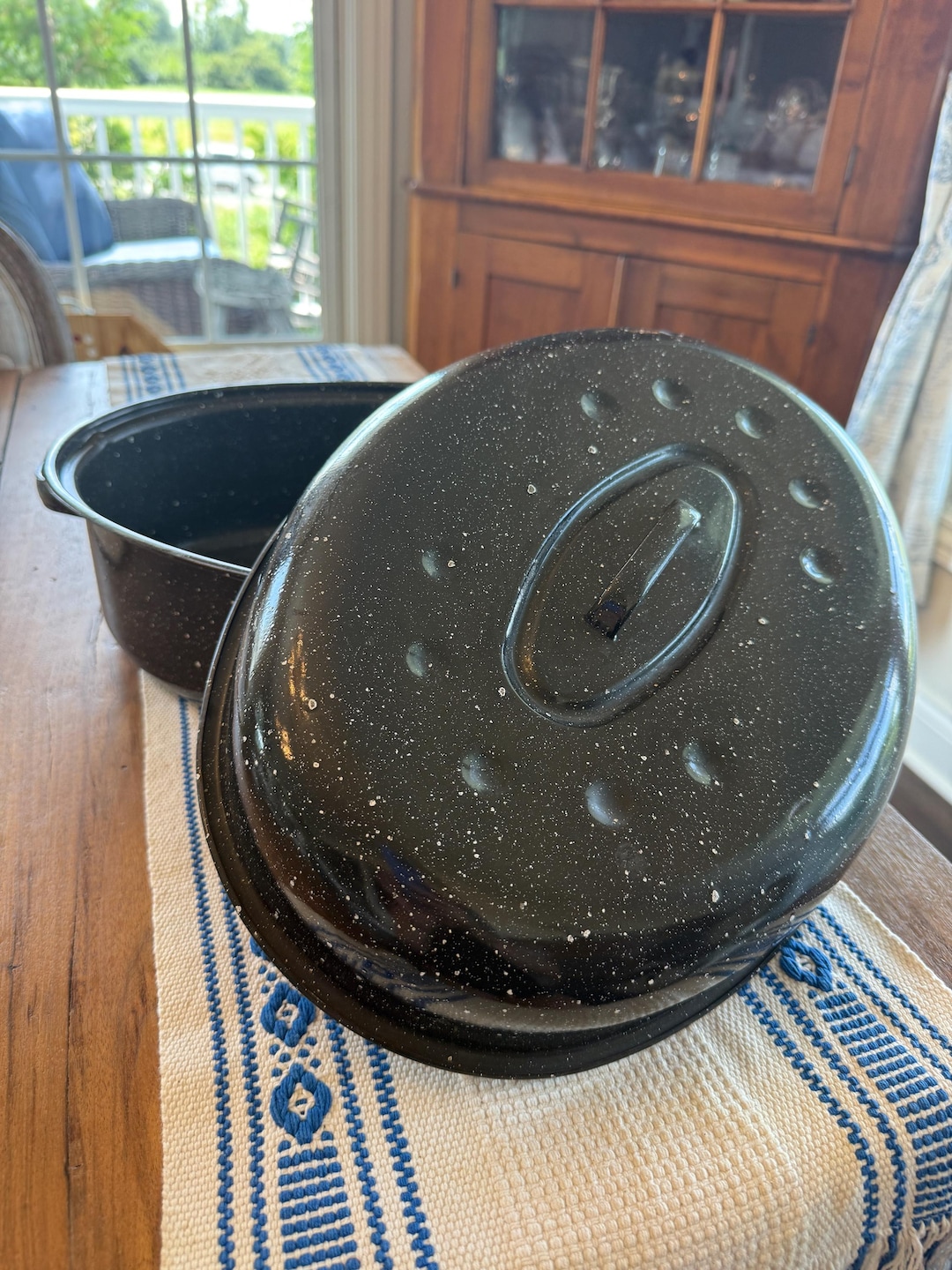 Vintage Enamel Graniteware Roaster, Large Roaster, Graniteware, Handled ...