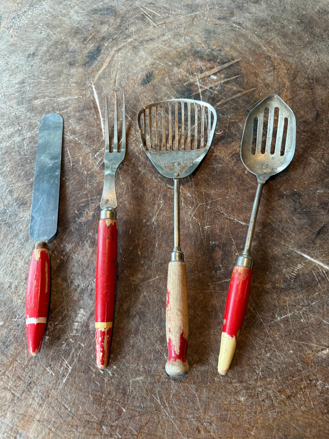 Vintage A&J Red Handle Kitchen Utensils, Serving Spoon, Slotted Spoon ...