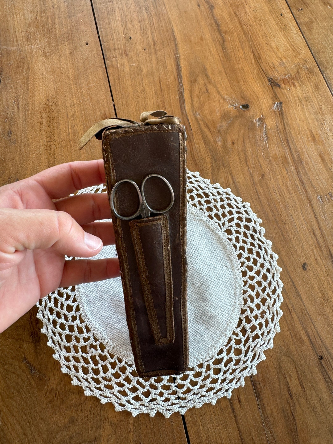 Antique Leather Sewing Kit, Small Sewing Box, Ribbon Accent, Lidded ...