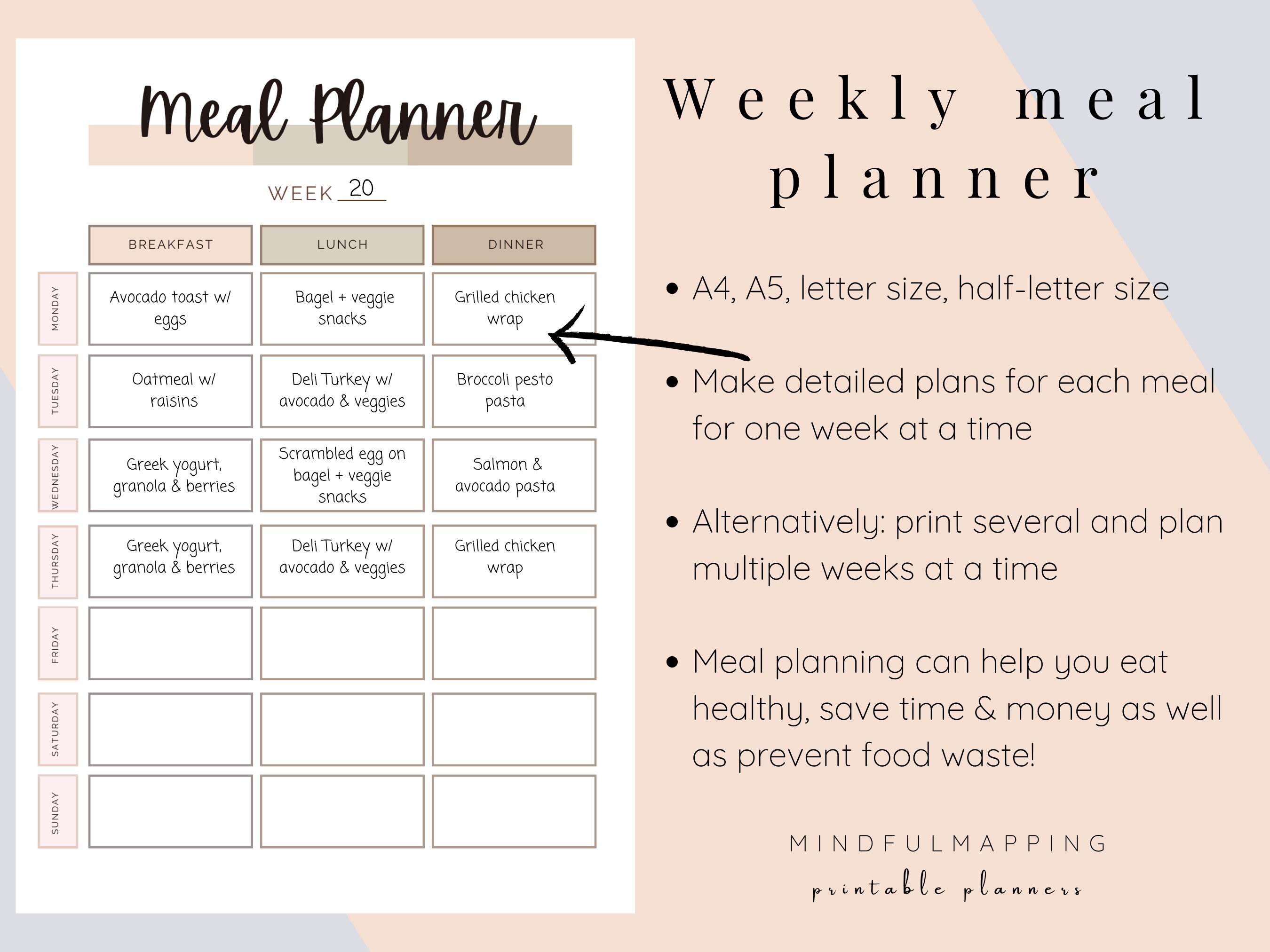 Instant Download Printable Weekly Meal Planner, Menu Planner, Fillable ...