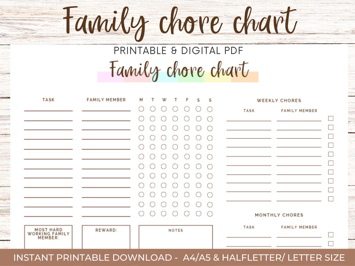 Family Chore Chart, Printable Chore Checklist, Family Checklist, Kids ...