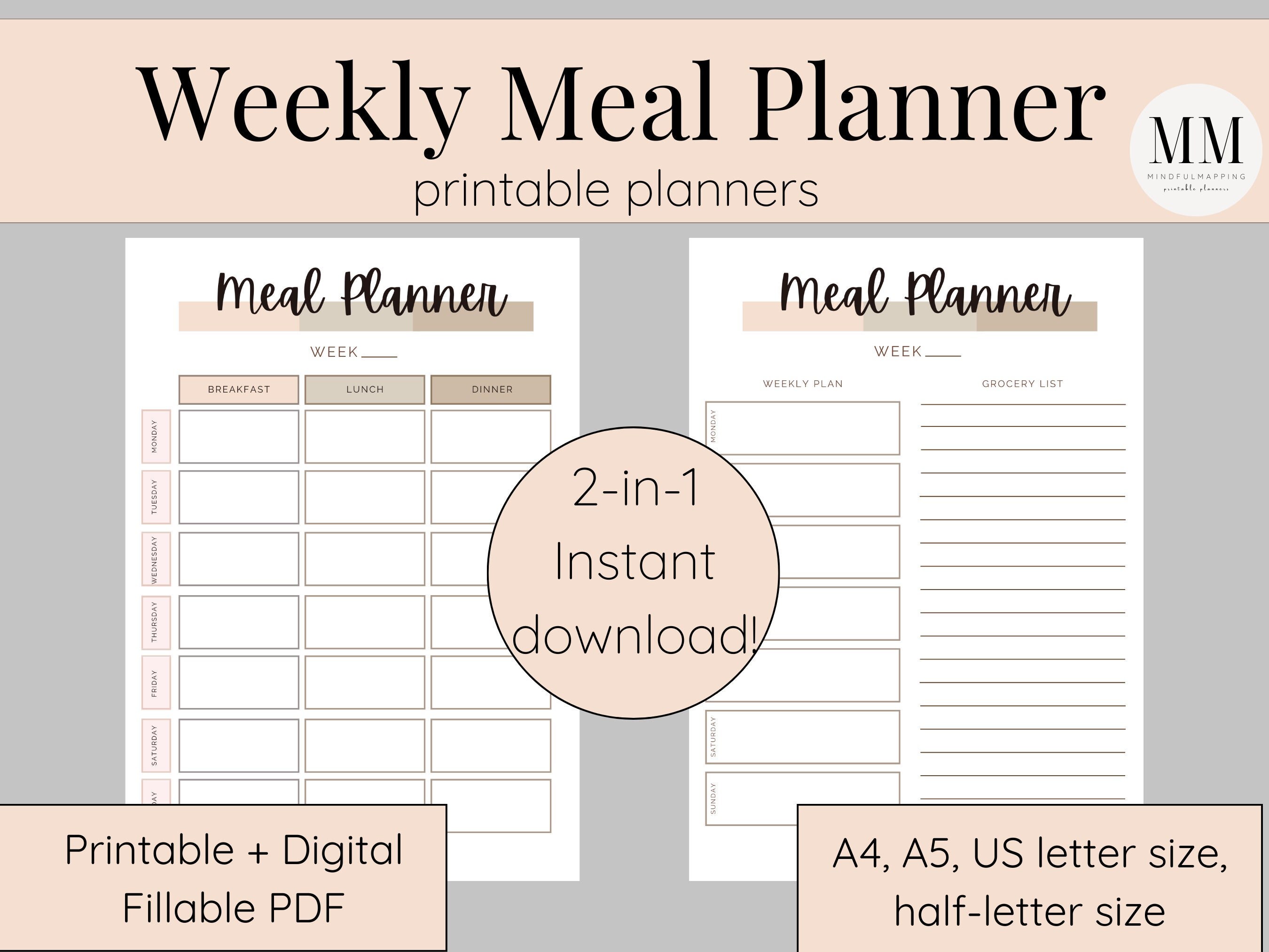 Instant Download Printable Weekly Meal Planner, Menu Planner, Fillable ...