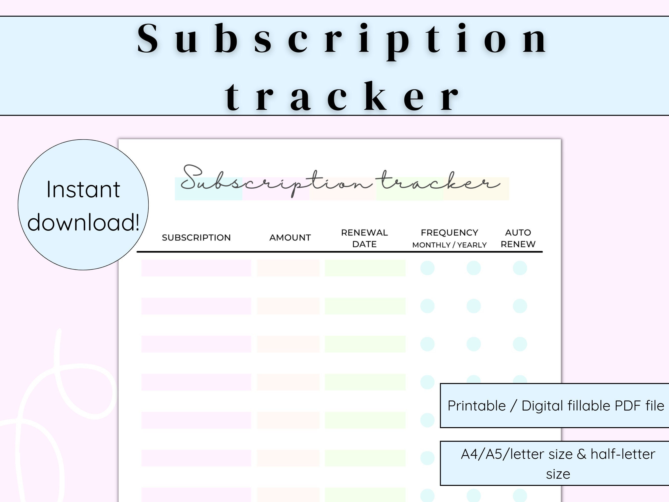 Subscription Tracker, Printable Membership Tracker, Expence Tracker ...