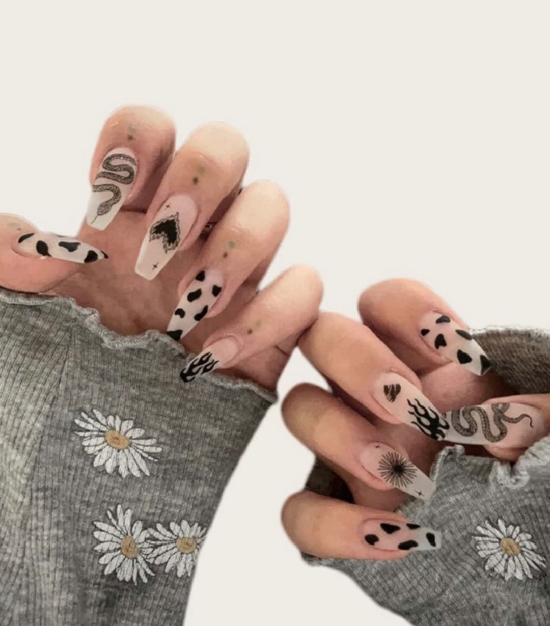 Long Coffin Black Snake and Heart Pattern Press on Nails| Halloween ...