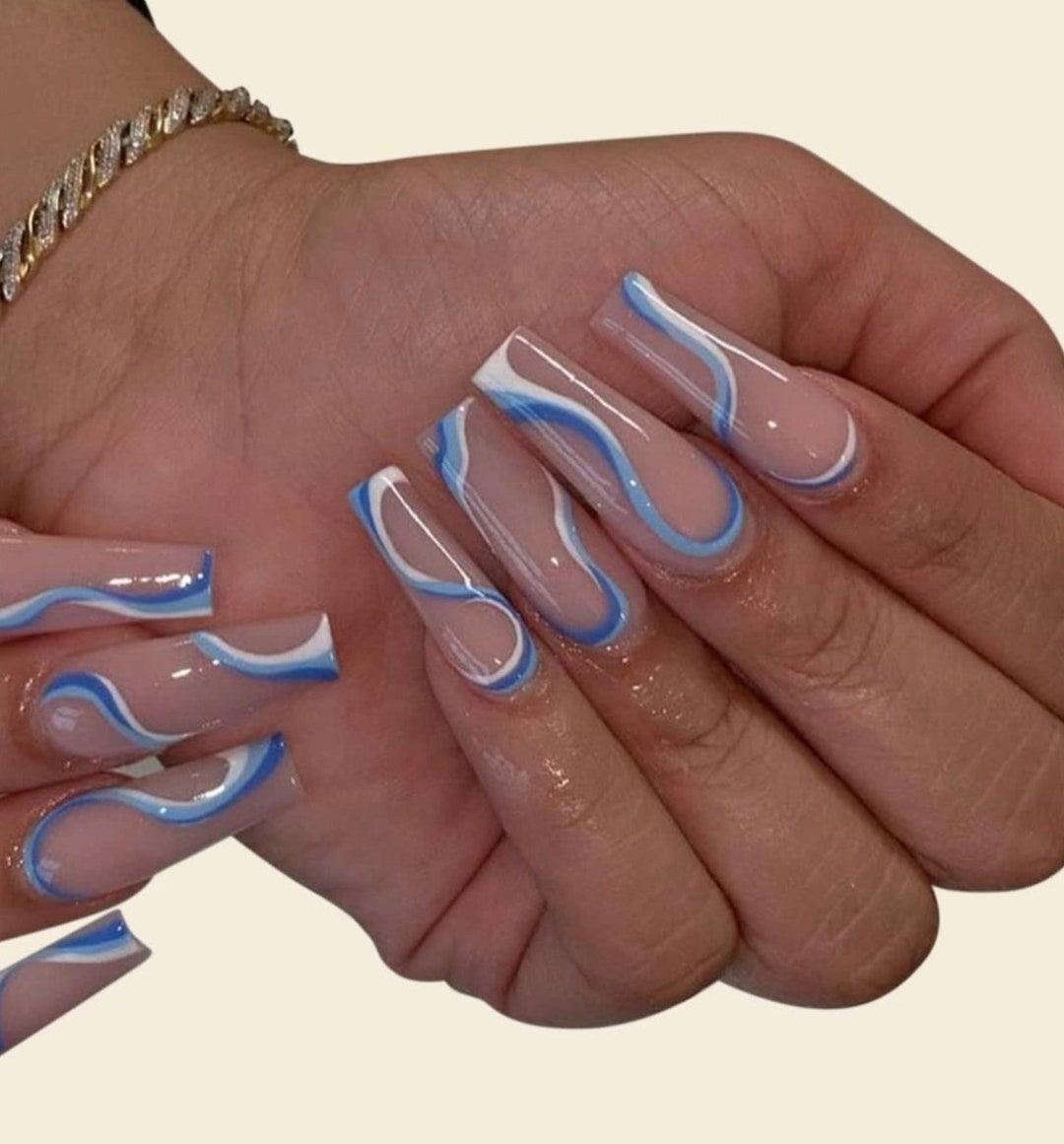 Blue Wave Long Coffin Nails| Long Coffin Press on Nails| Trendy Blue ...