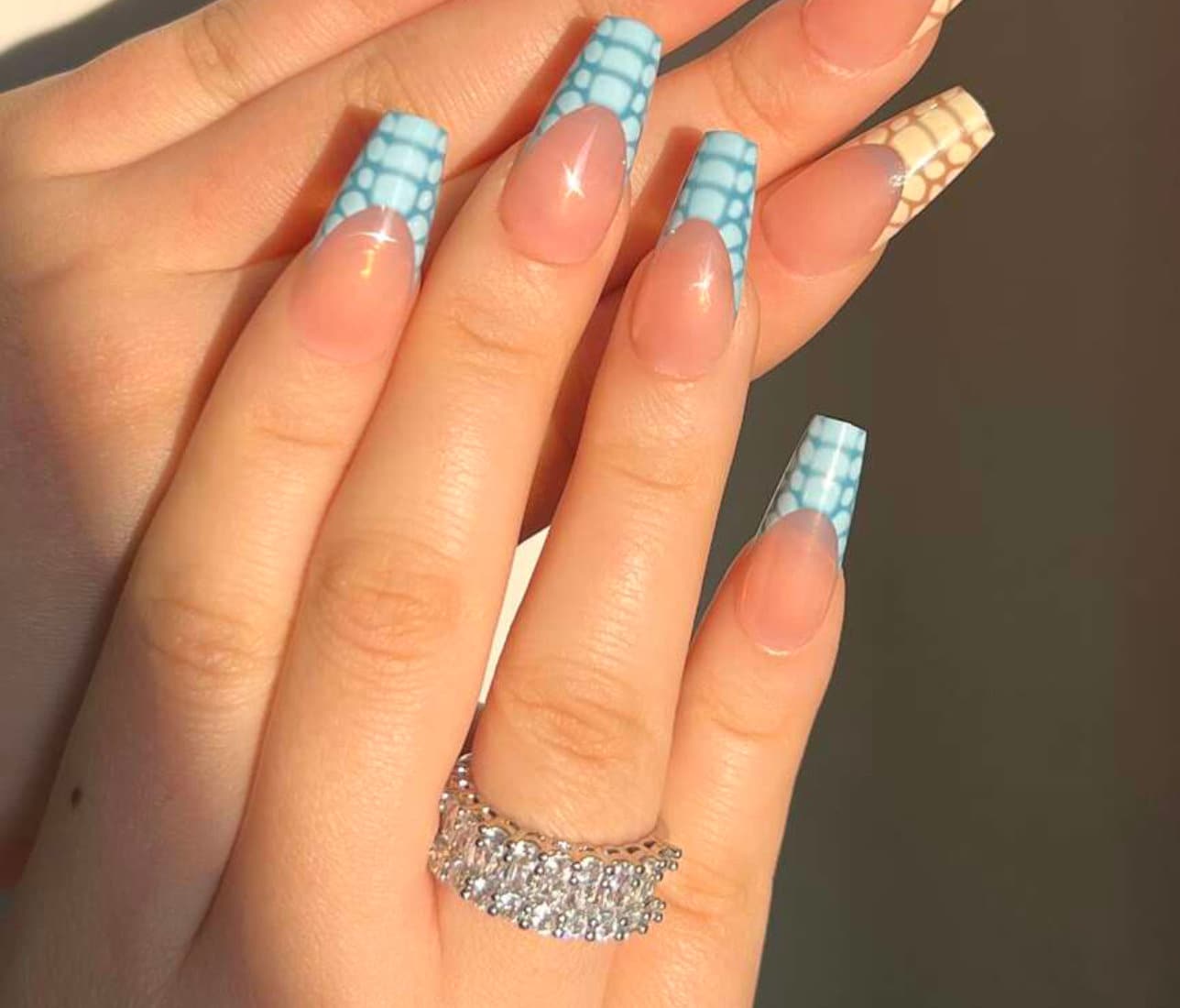 Crocodile Pattern Long Coffin Blue & Brown Nails| Trendy Press on ...