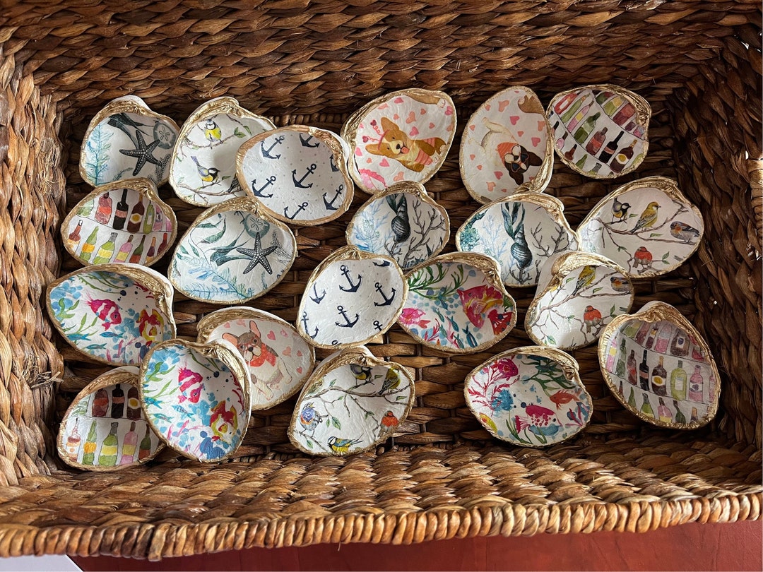 Decoupage Clam Shell- Jewelry/ring Dish-hostess Gift- Coastal Decor ...
