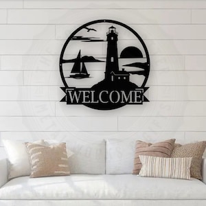 Custom Lighthouse Scene Metal Sign II Metal Outdoor Sign, Beach House ...