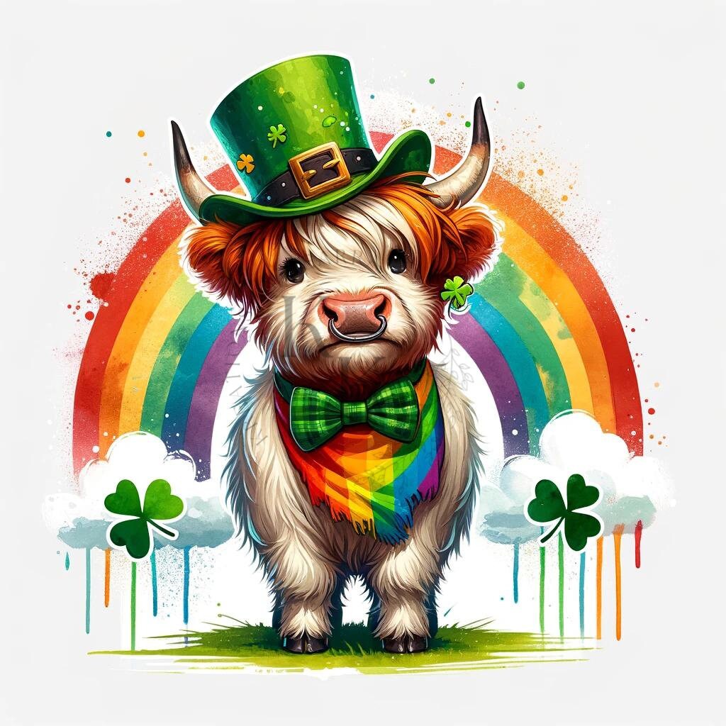 Saint Patricks Day Highland Cow, Watercolor Cute Highland Cow PNG, St ...