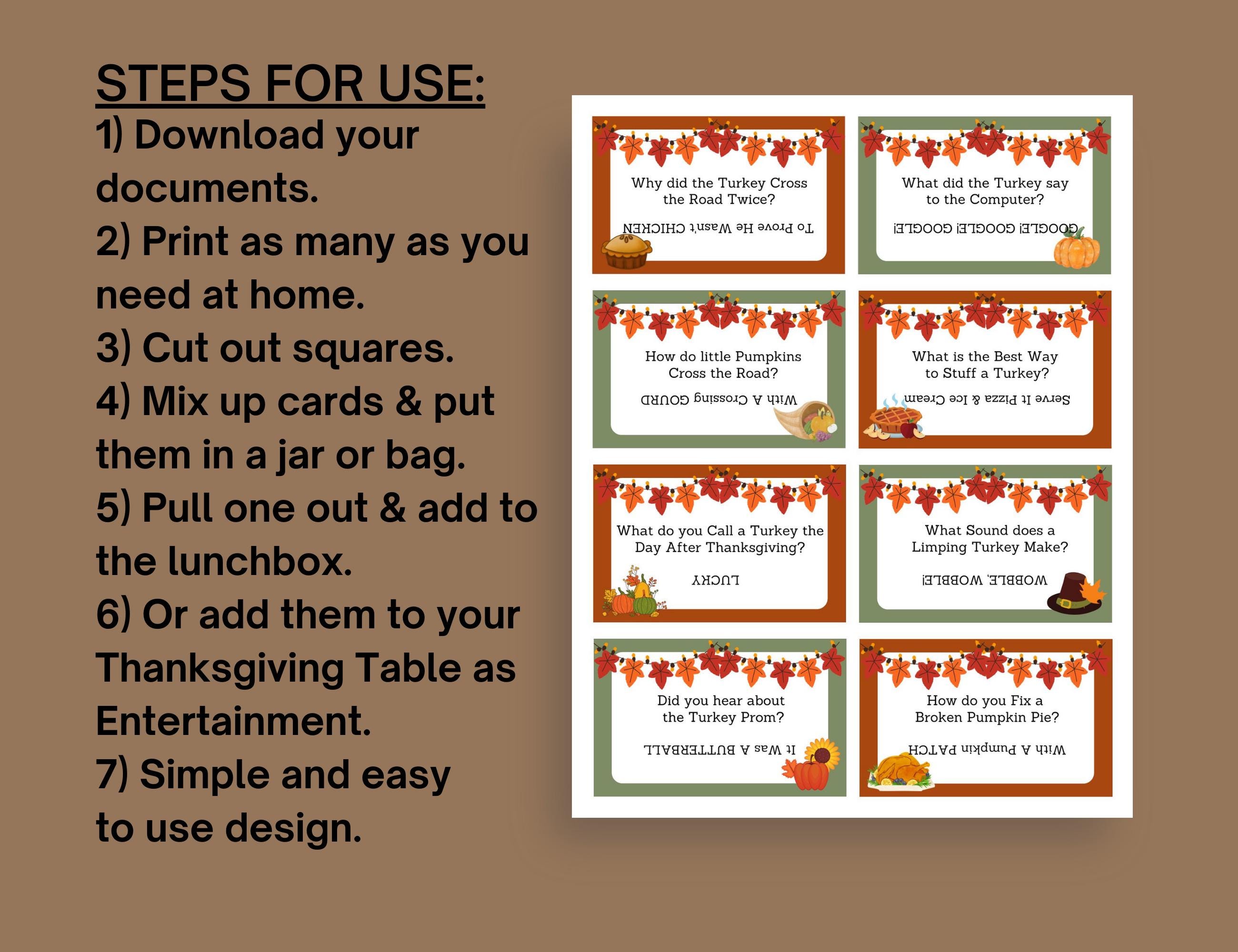 Thanksgiving Lunchbox Joke Cards: Kids' Printable Gift Tags (DIGITAL ...