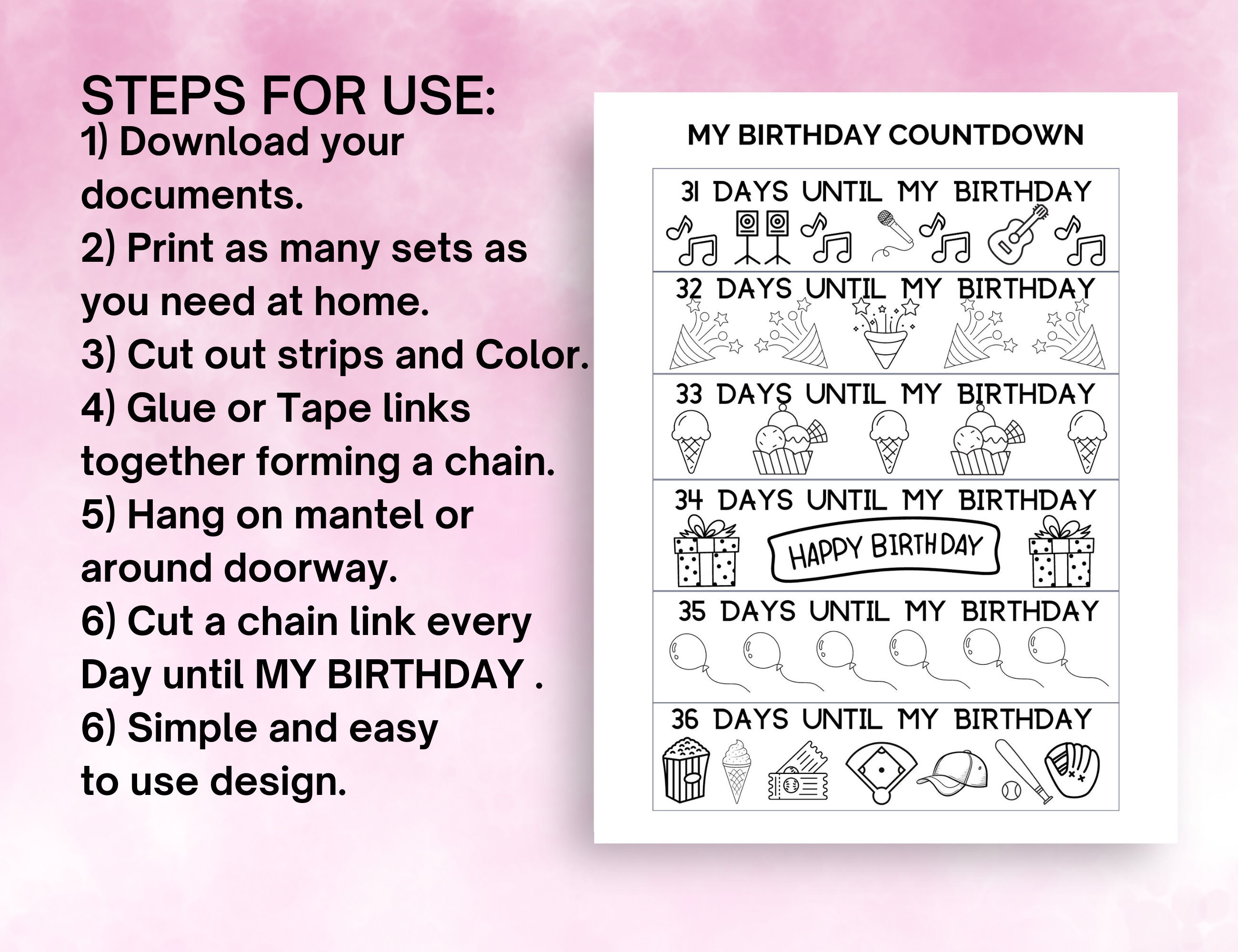 Birthday Color Countdown, Paper Chain Countdown, DIY Printable Color ...