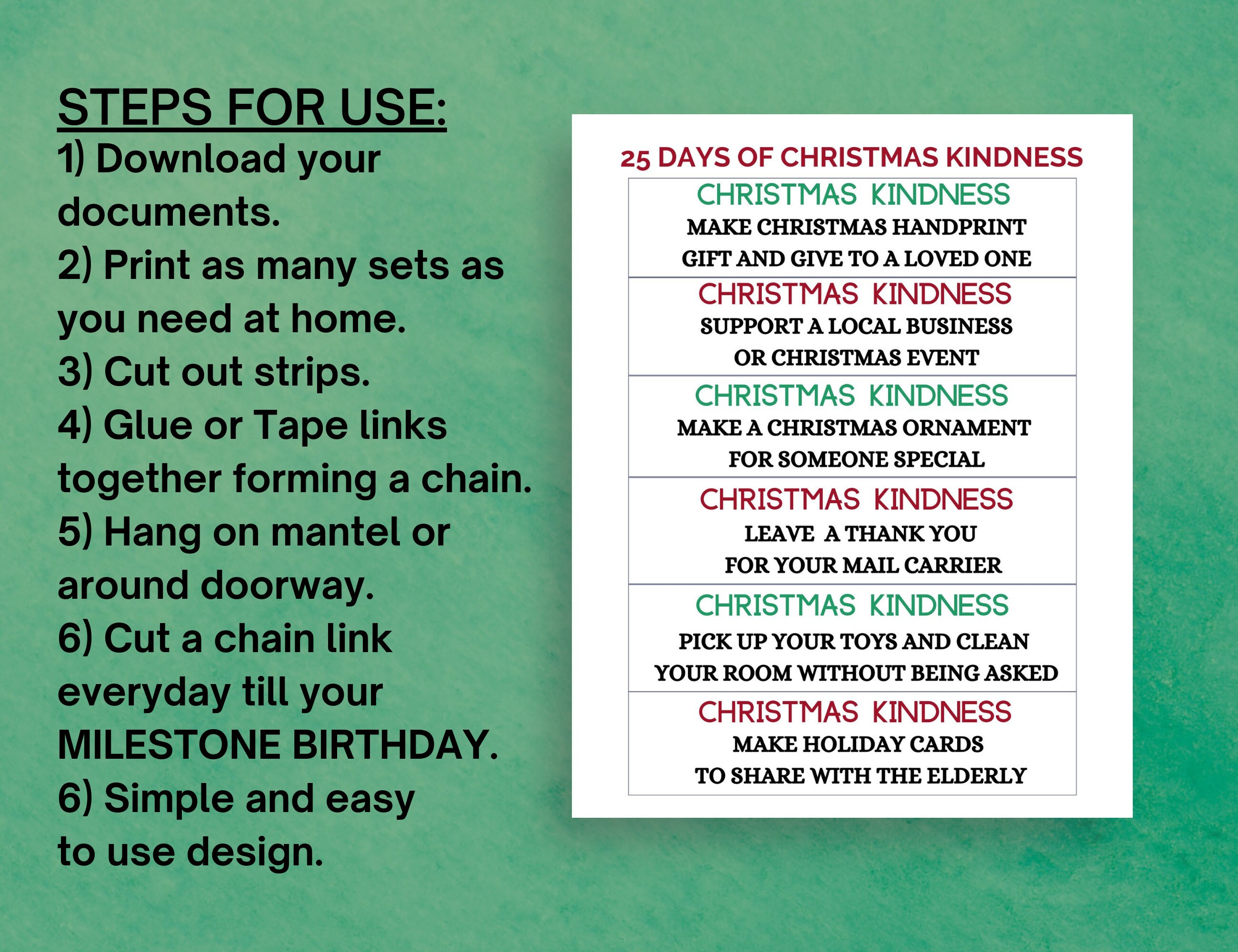 Christmas Kindness Countdown Chain, Advent Calendar Printable, 25 Days ...