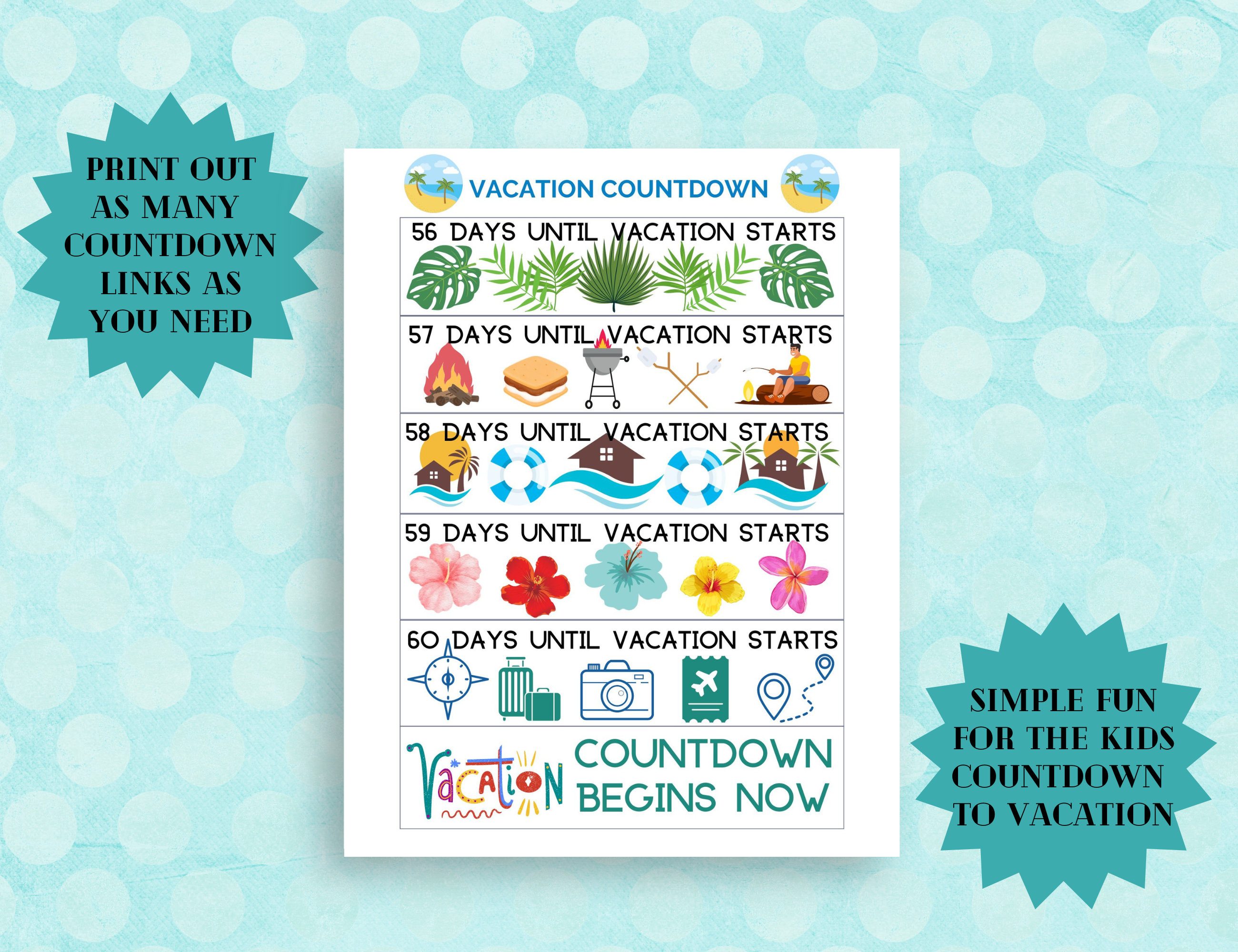 Vacation Countdown & Checklist Digital Printables for Calendar ...