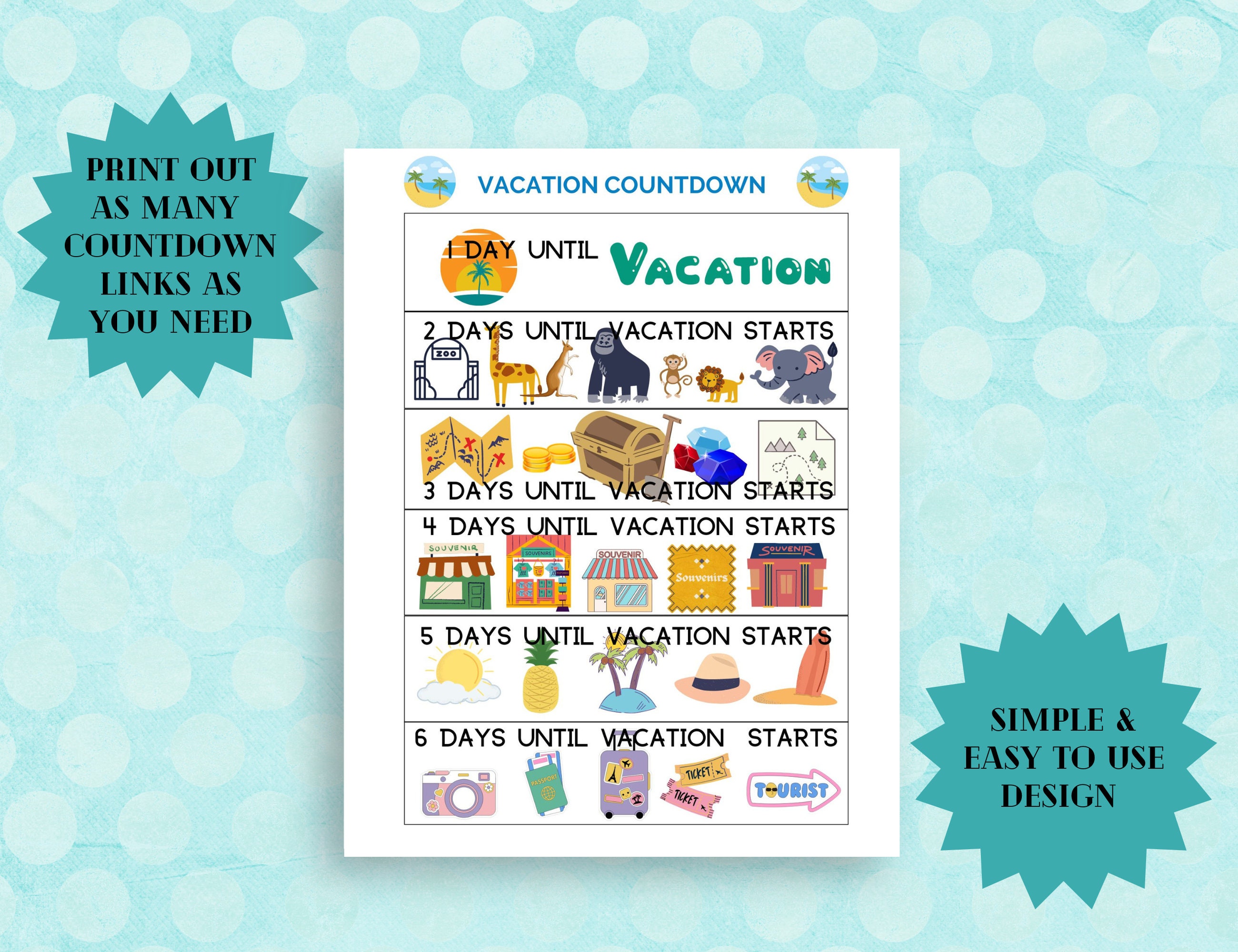 Vacation Countdown & Checklist Digital Printables for Calendar ...