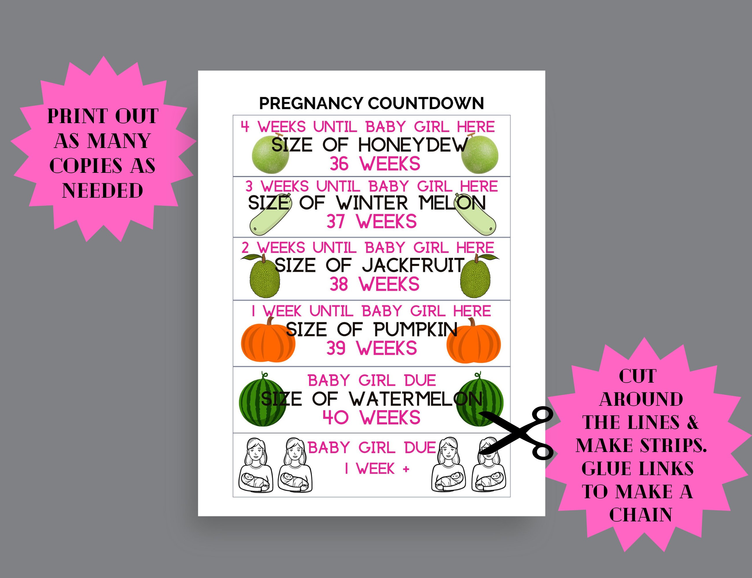 Pregnancy Countdown, Baby Growth Chain Countdown, Baby Girl Paper Chain ...