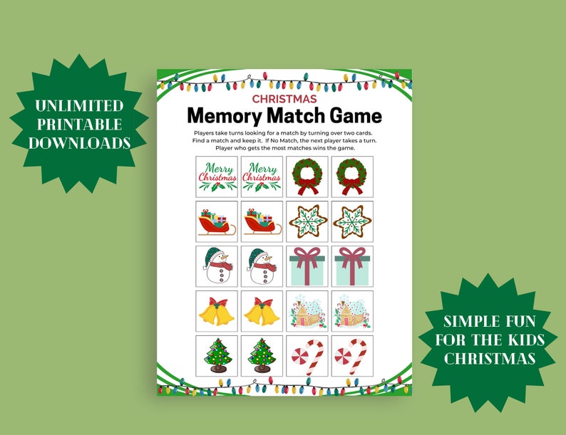 Christmas Memory Match Game, Printable for Classrooms and Parties With ...
