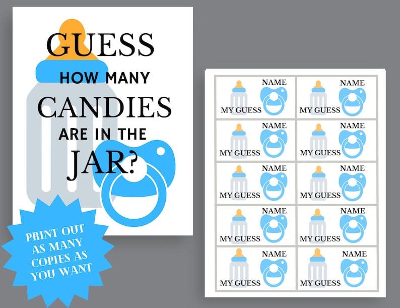 Guess How Many Candies Are in the Jar, Baby Shower Guess Cards, Number of Candies Guessing Game ...