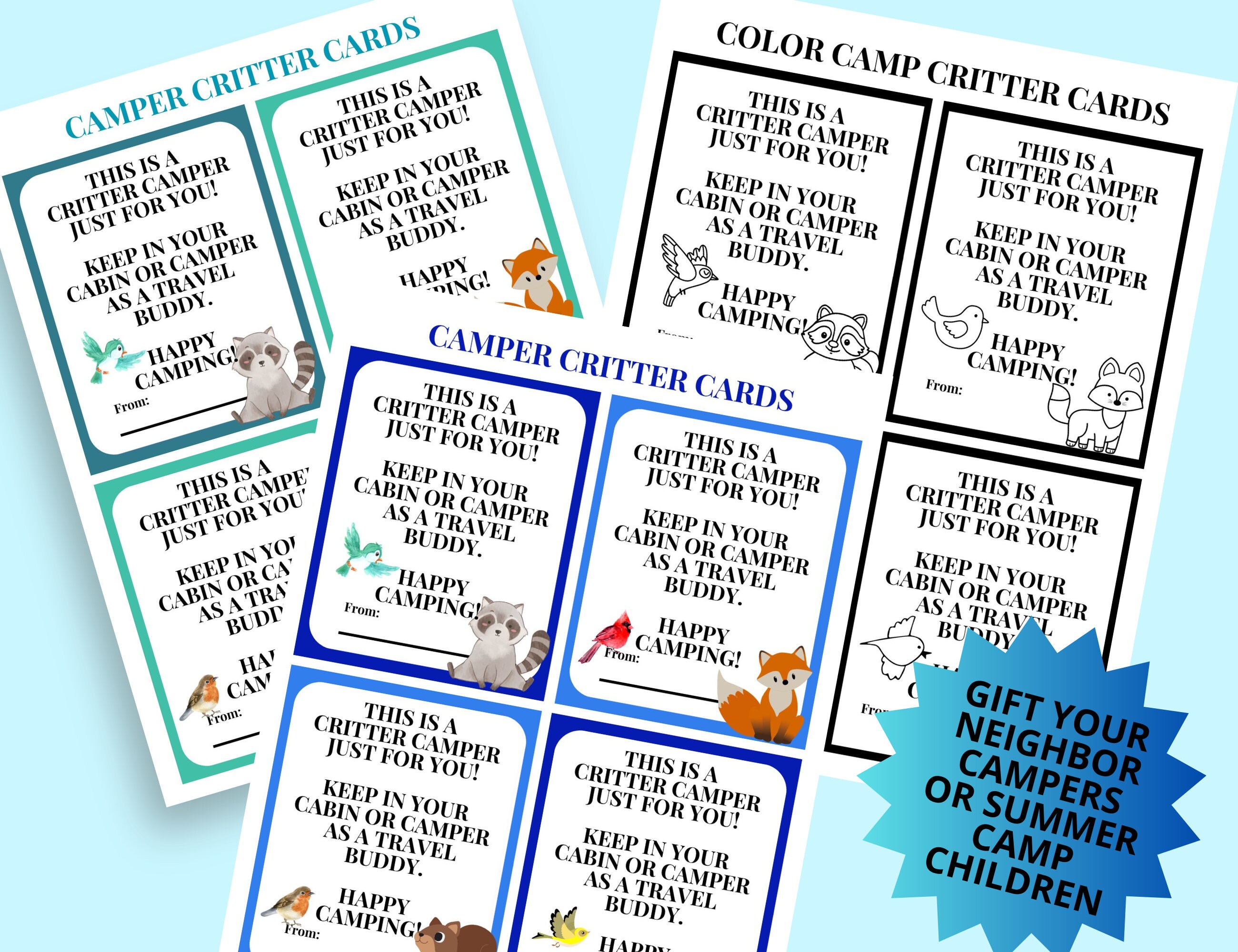 Camper Critter Cards Printable, Summer Camp, Happy Camper Critter Cards ...