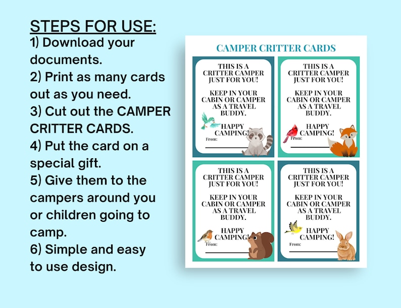 Camper Critter Cards Printable, Summer Camp, Happy Camper Critter Cards ...
