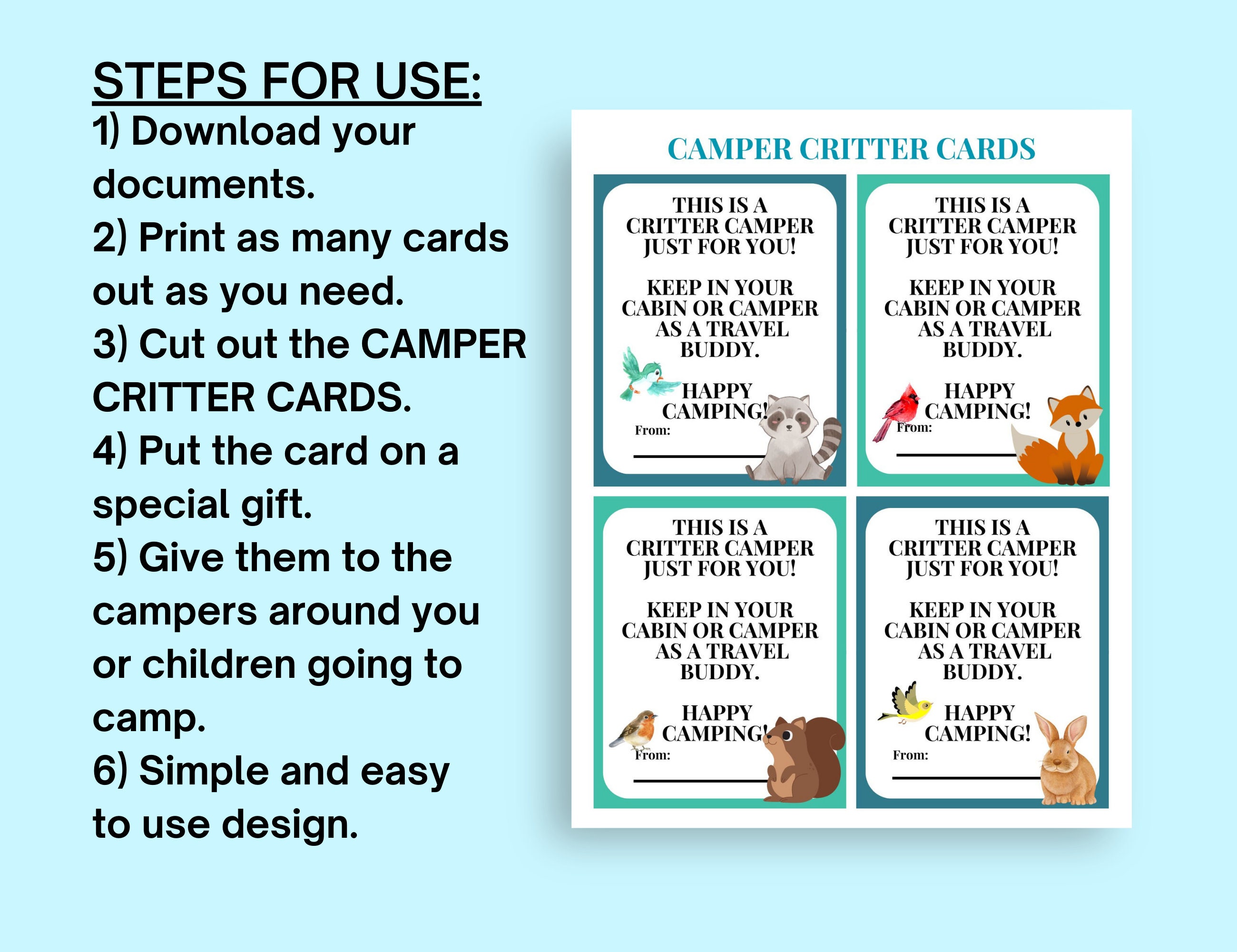 Camper Critter Cards Printable, Summer Camp, Happy Camper Critter Cards ...