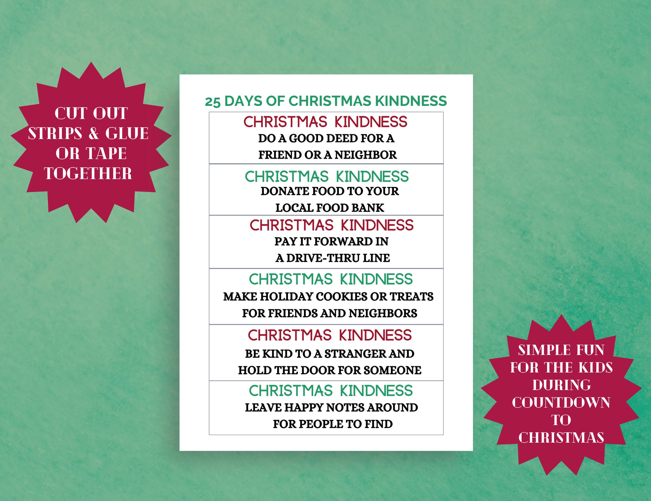 Christmas Kindness Countdown Chain, Advent Calendar Printable, 25 Days ...