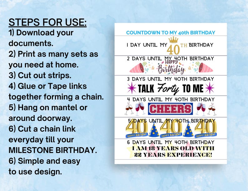 Countdown to My 40th Birthday, DIY Printable Paper Chain Calendar Countdown, A Blessed Life 40th ...