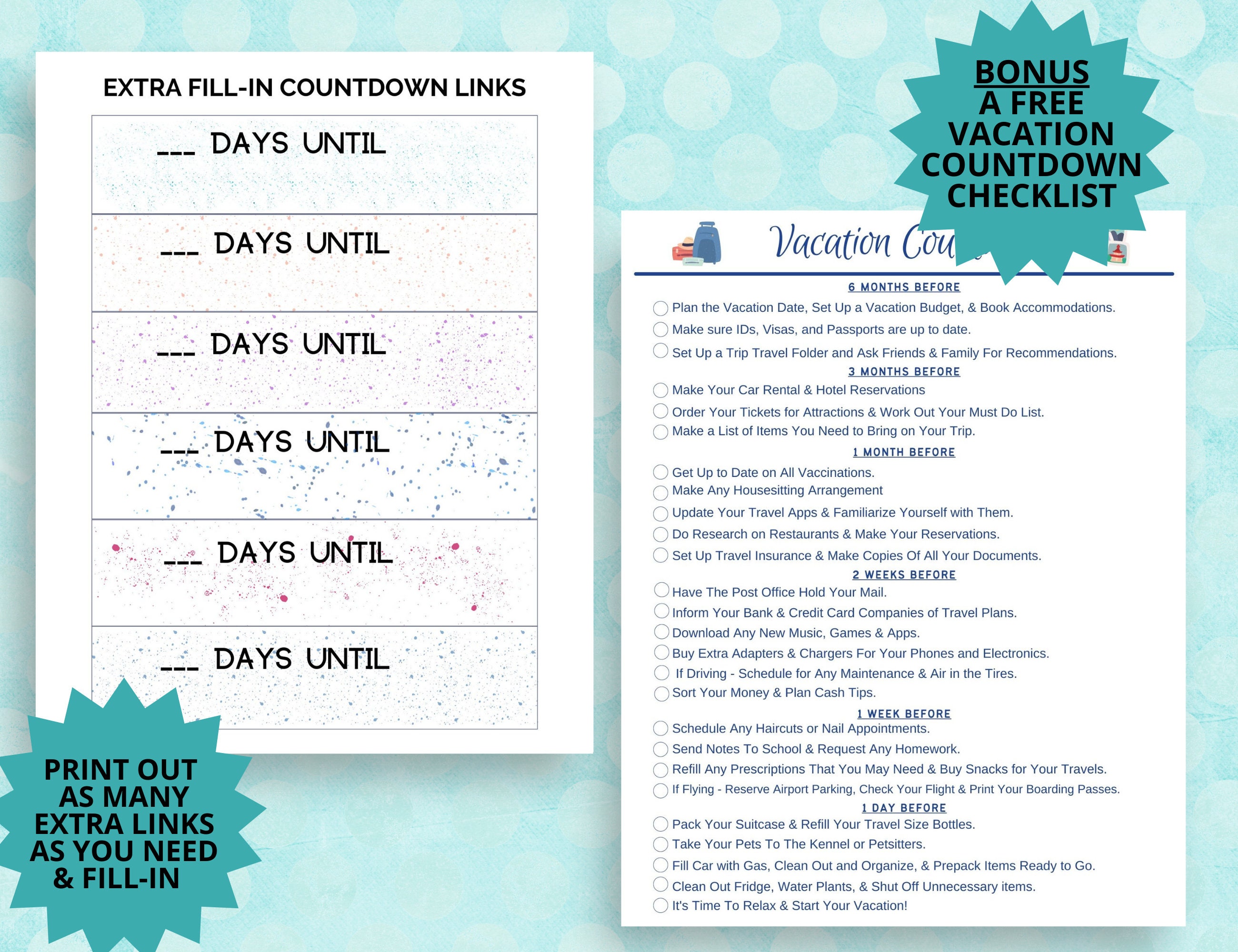 Vacation Countdown & Checklist Digital Printables for Calendar ...
