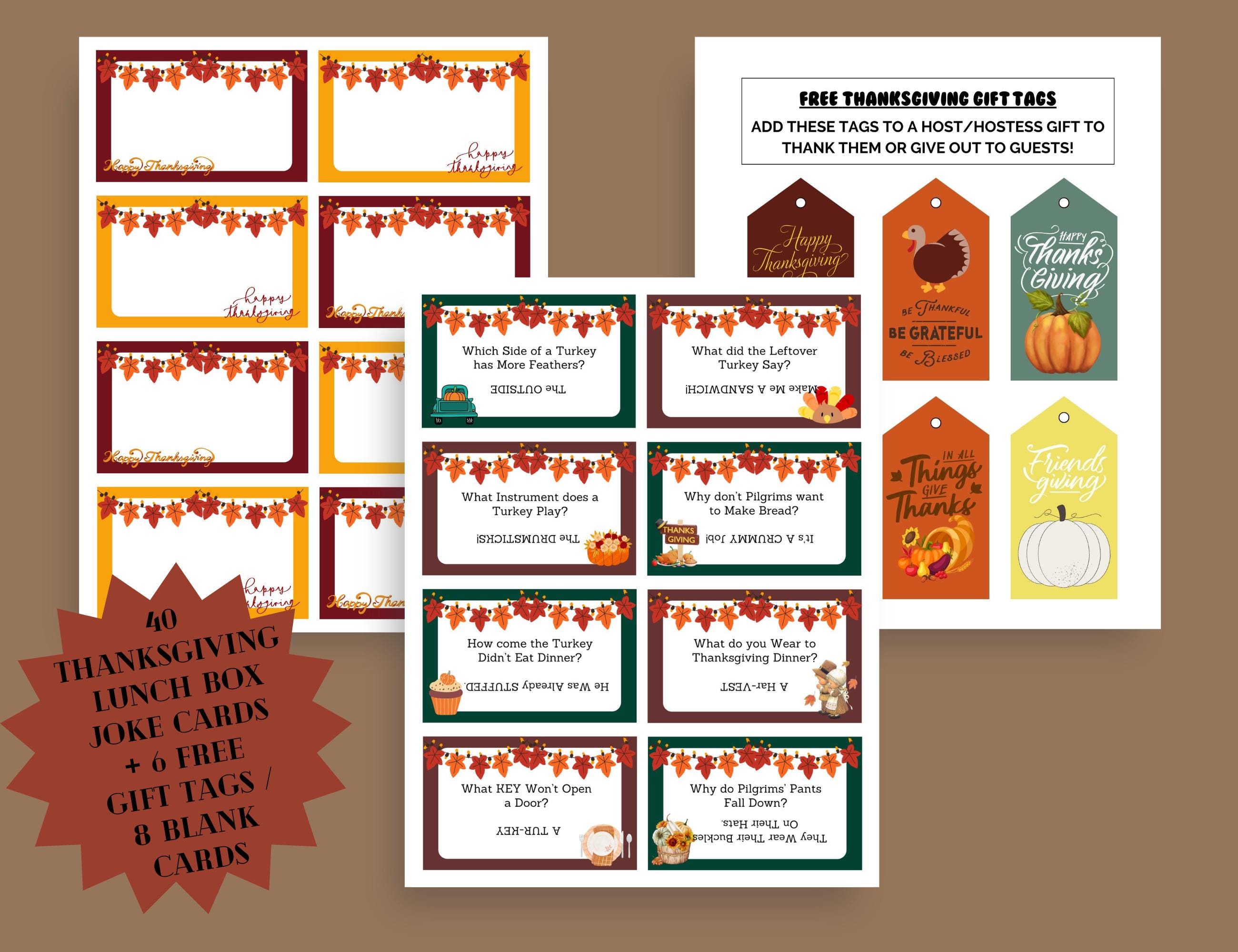 Thanksgiving Lunchbox Joke Cards: Kids' Printable Gift Tags (DIGITAL ...