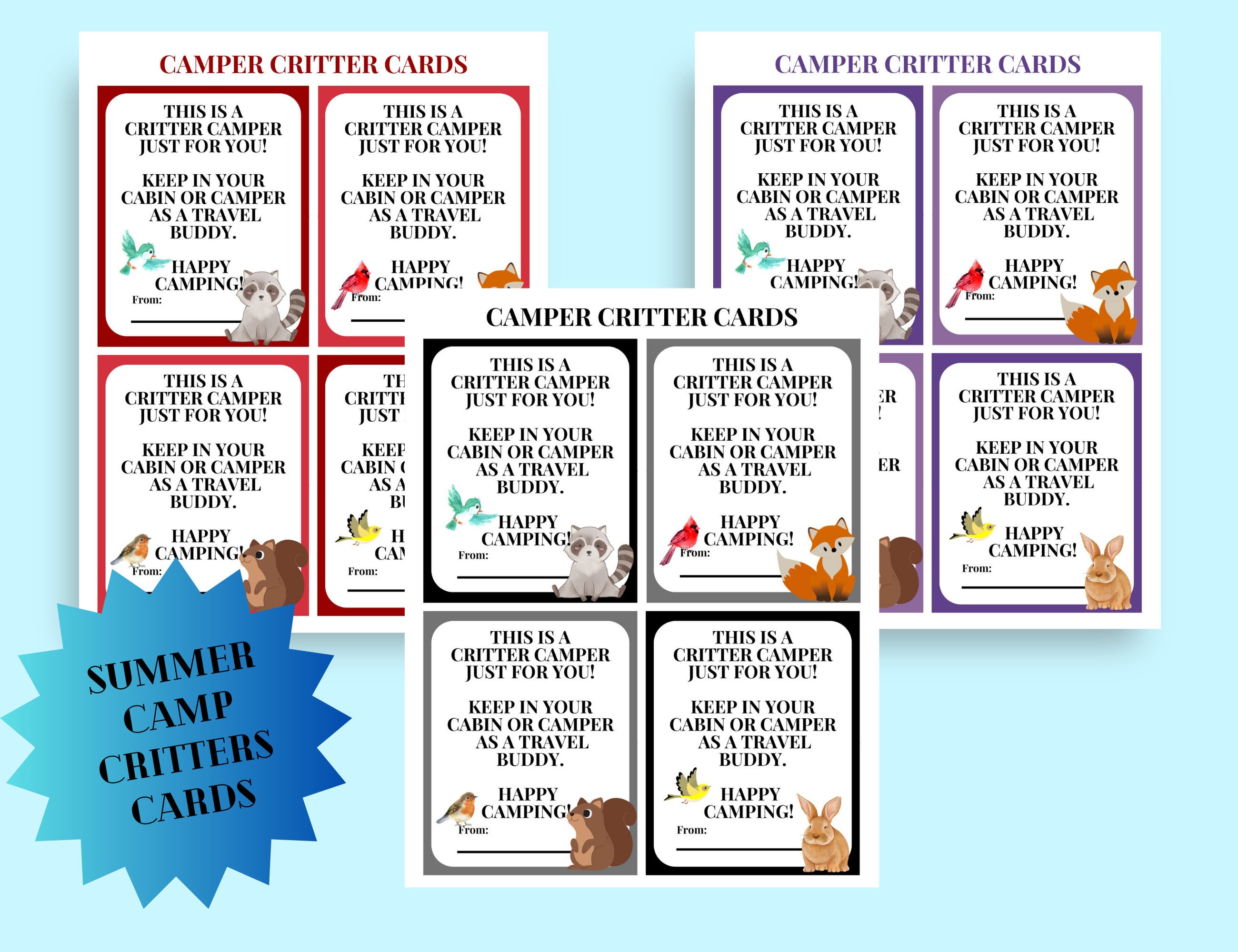 Camper Critter Cards Printable, Summer Camp, Happy Camper Critter Cards ...