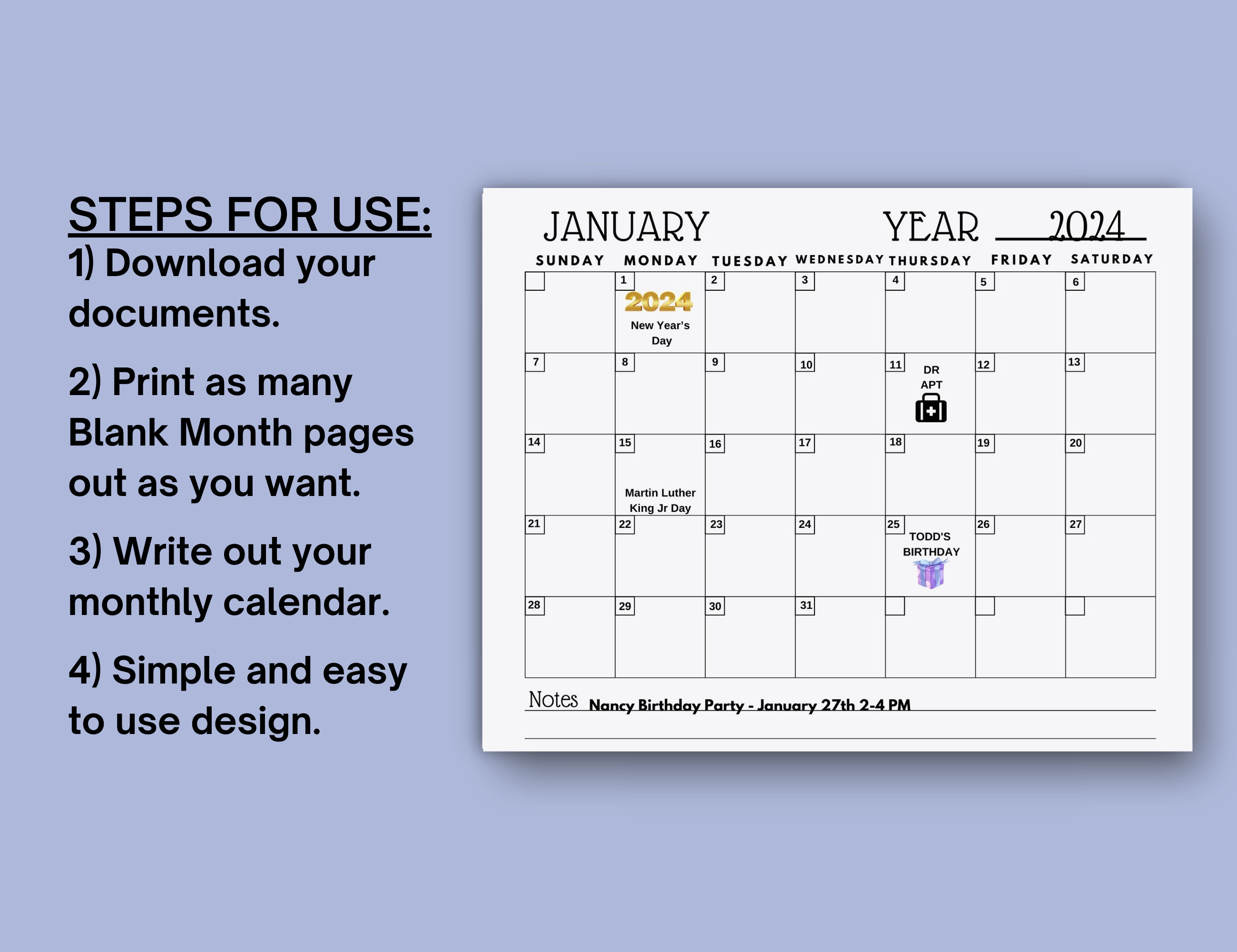 Blank Monthly Sunday Start Printable Calendar Template, Minimalist ...