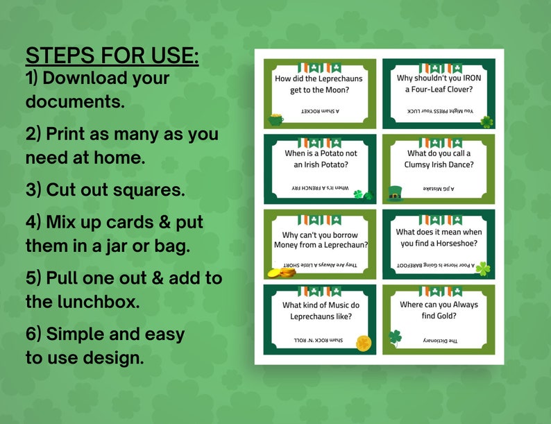 St Patrick's Day Joke Cards, Lunchbox Note Cards, St Patrick's Day ...
